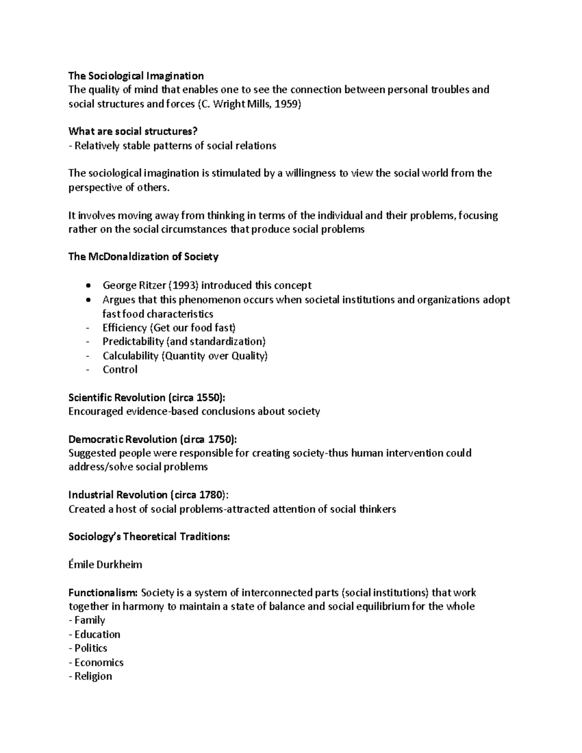 Sociology - Chapters 1-6 - The Sociological Imagination The quality of ...