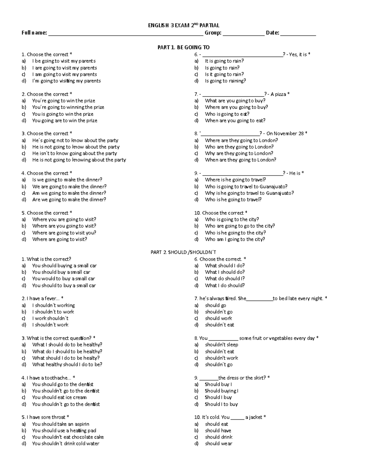 English 3 EXAM 2ND Partial - ENGLISH 3 EXAM 2ND PARTIAL Full name ...