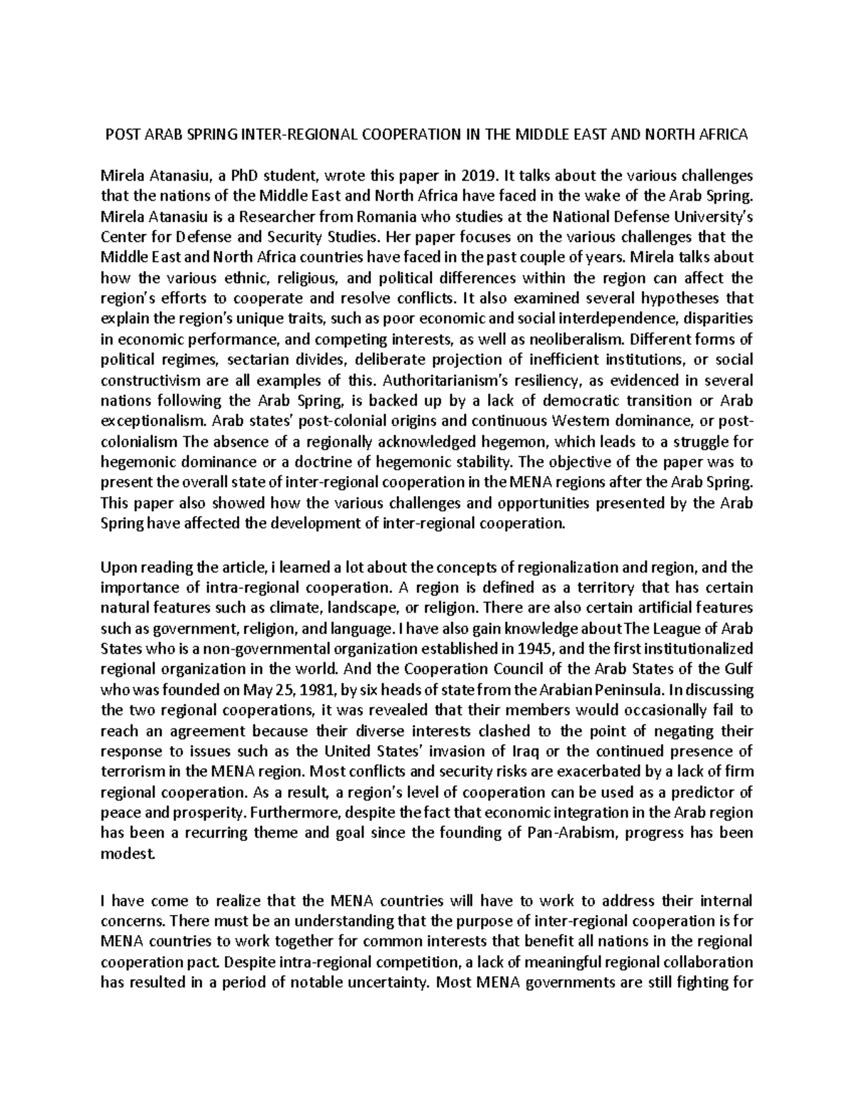 POST ARAB IN THE Middle EAST AND North Africa - POST ARAB SPRING INTER ...