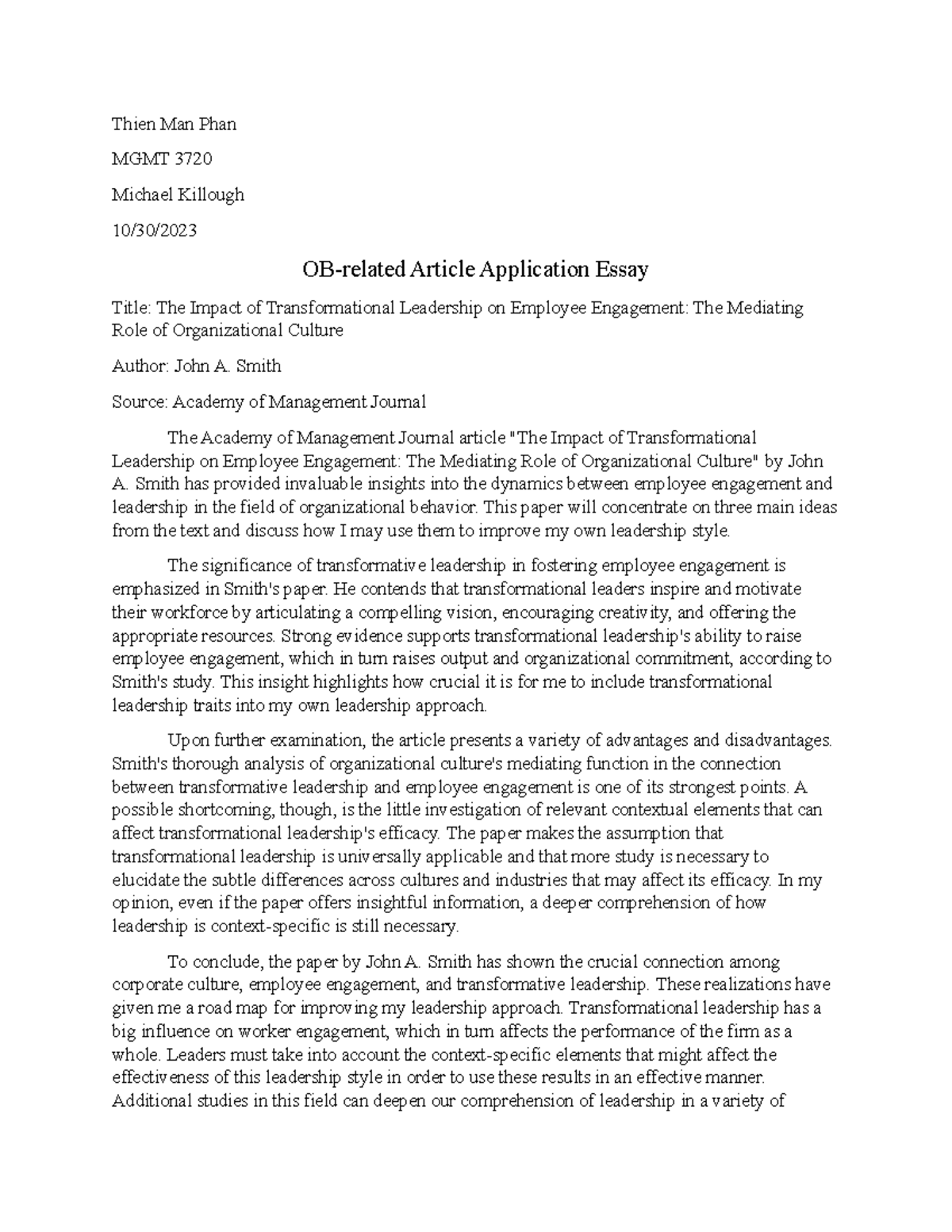 MGMT3720 - OB-related Article Application Essay - Thien Man Phan MGMT ...