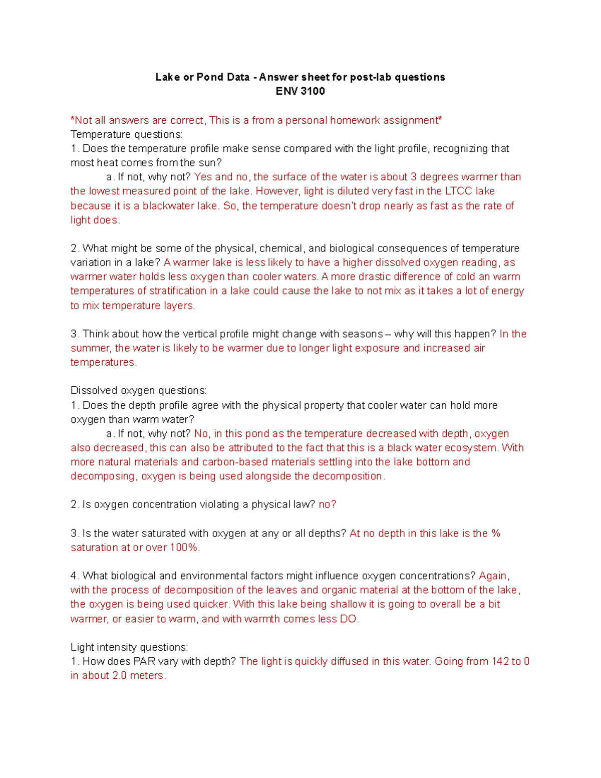 Lake Physical Data Homework - Lake or Pond Data - Answer sheet for post ...