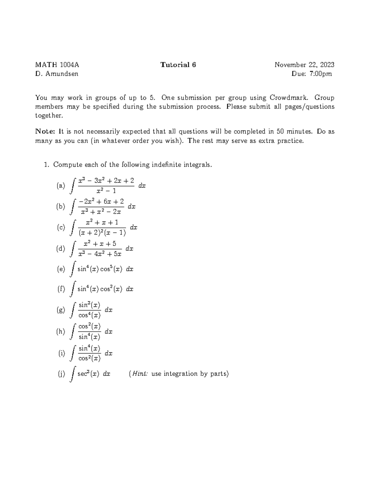 Tutorial 6 (Questions) - MATH 1004A Tutorial 6 November 22, 2023 D ...