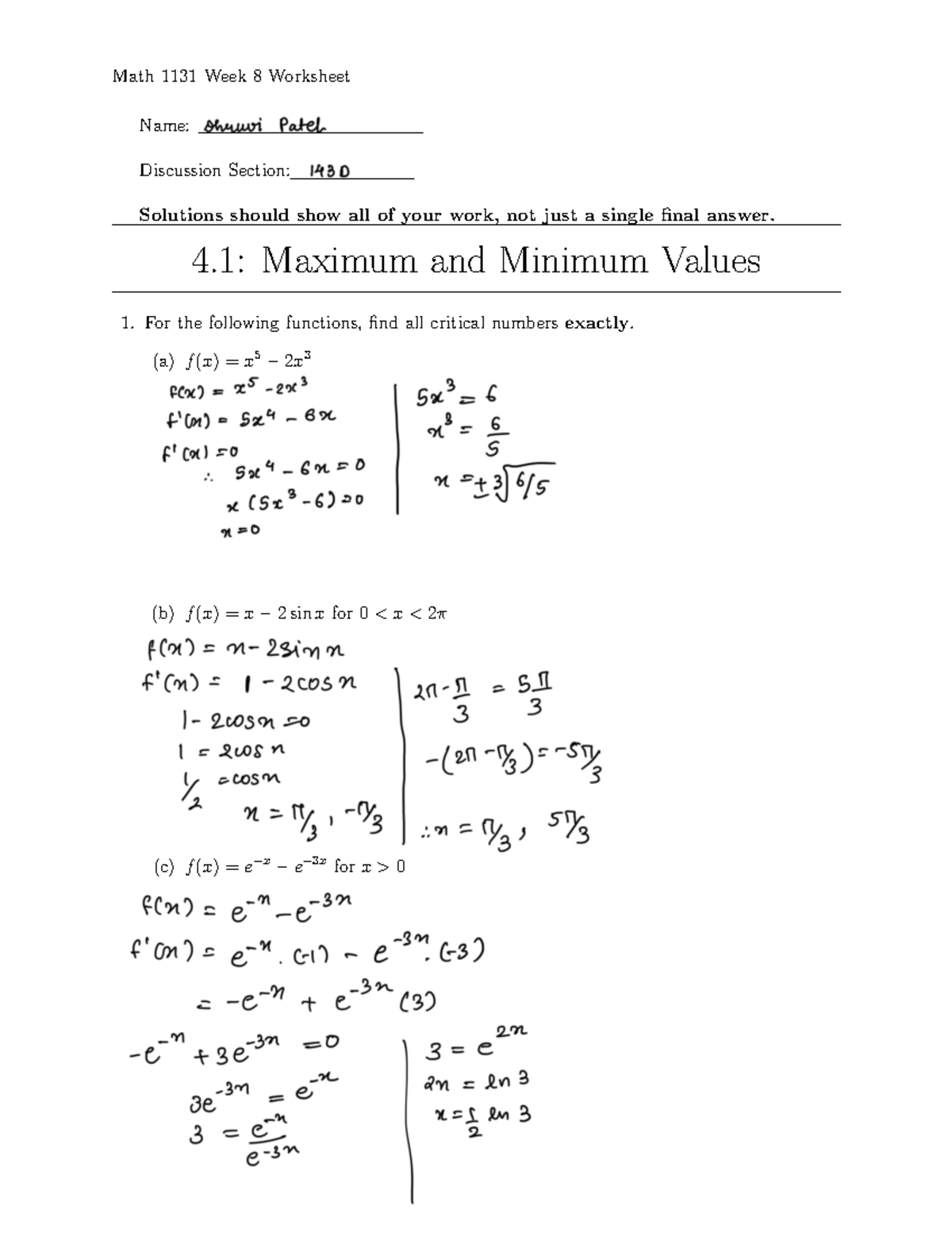 Week8-4 - Math 1131 Week 8 Worksheet Name: Discussion Section ...