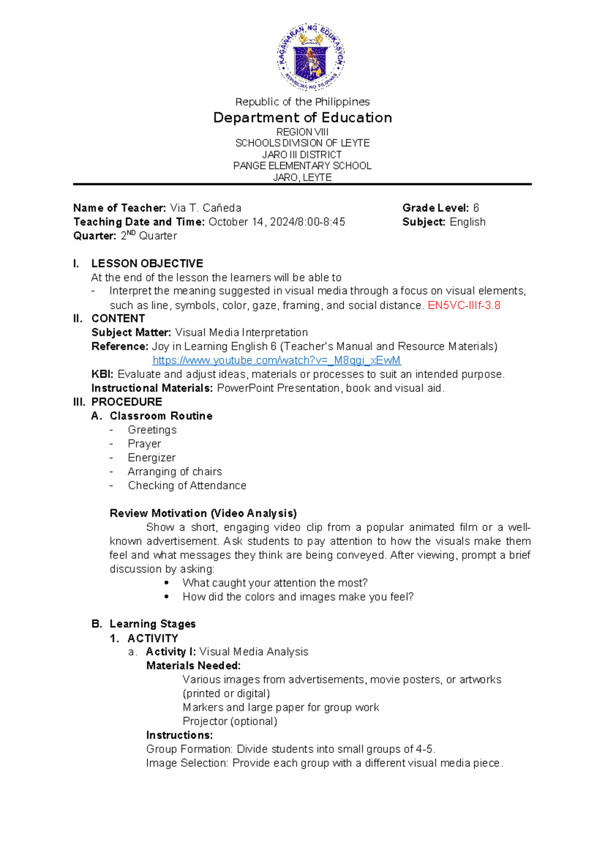 Lesson Plan in English - Republic of the Philippines Department of ...