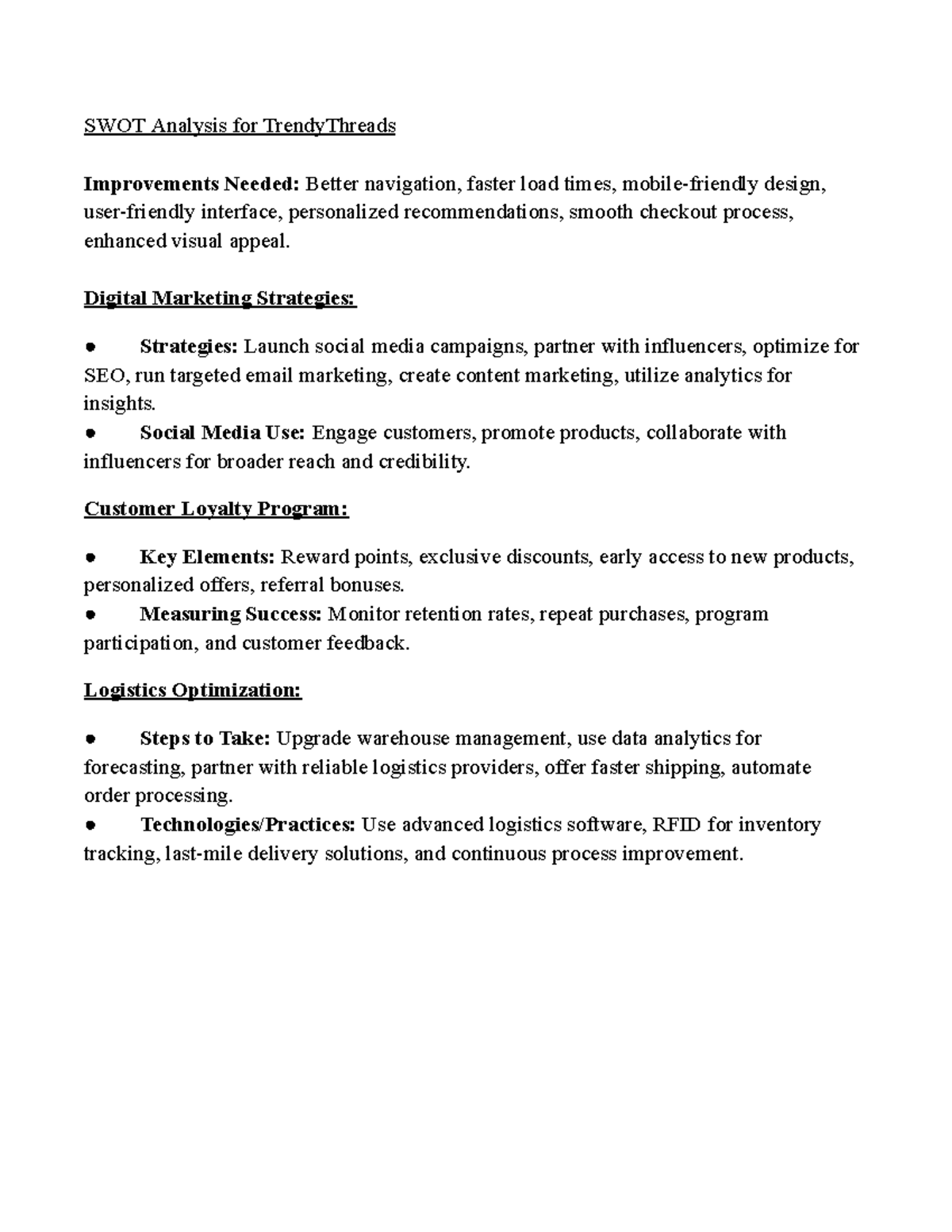 Solution for case study - SWOT Analysis for TrendyThreads Improvements ...
