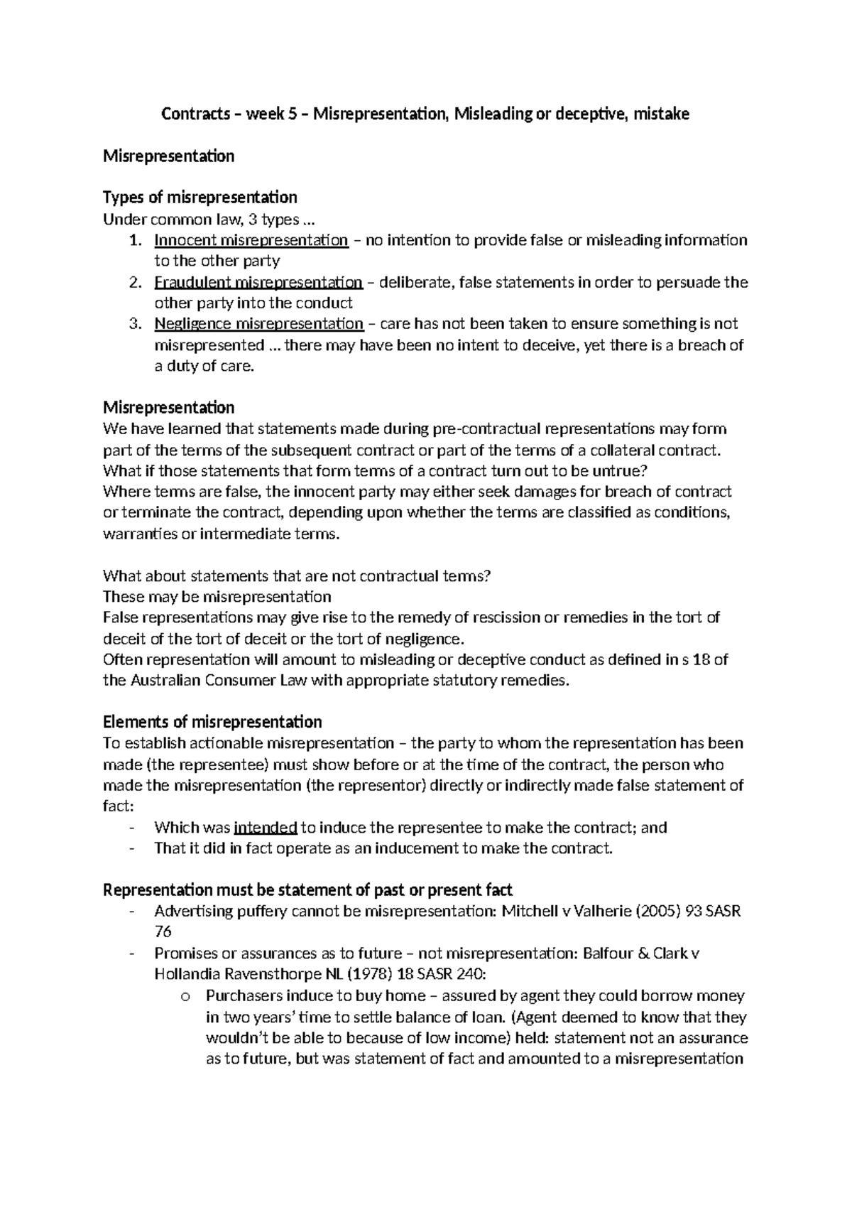 Contracts – week 5 – Misrepresentation, Misleading or deceptive ...