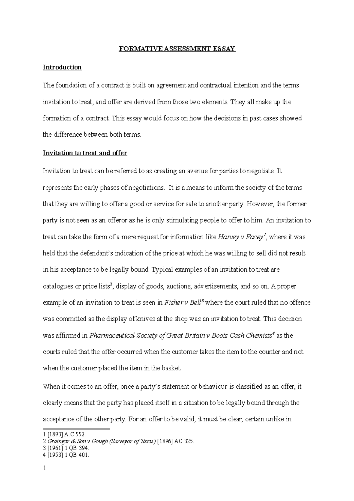 Contract LAW Formative Essay - FORMATIVE ASSESSMENT ESSAY Introduction ...