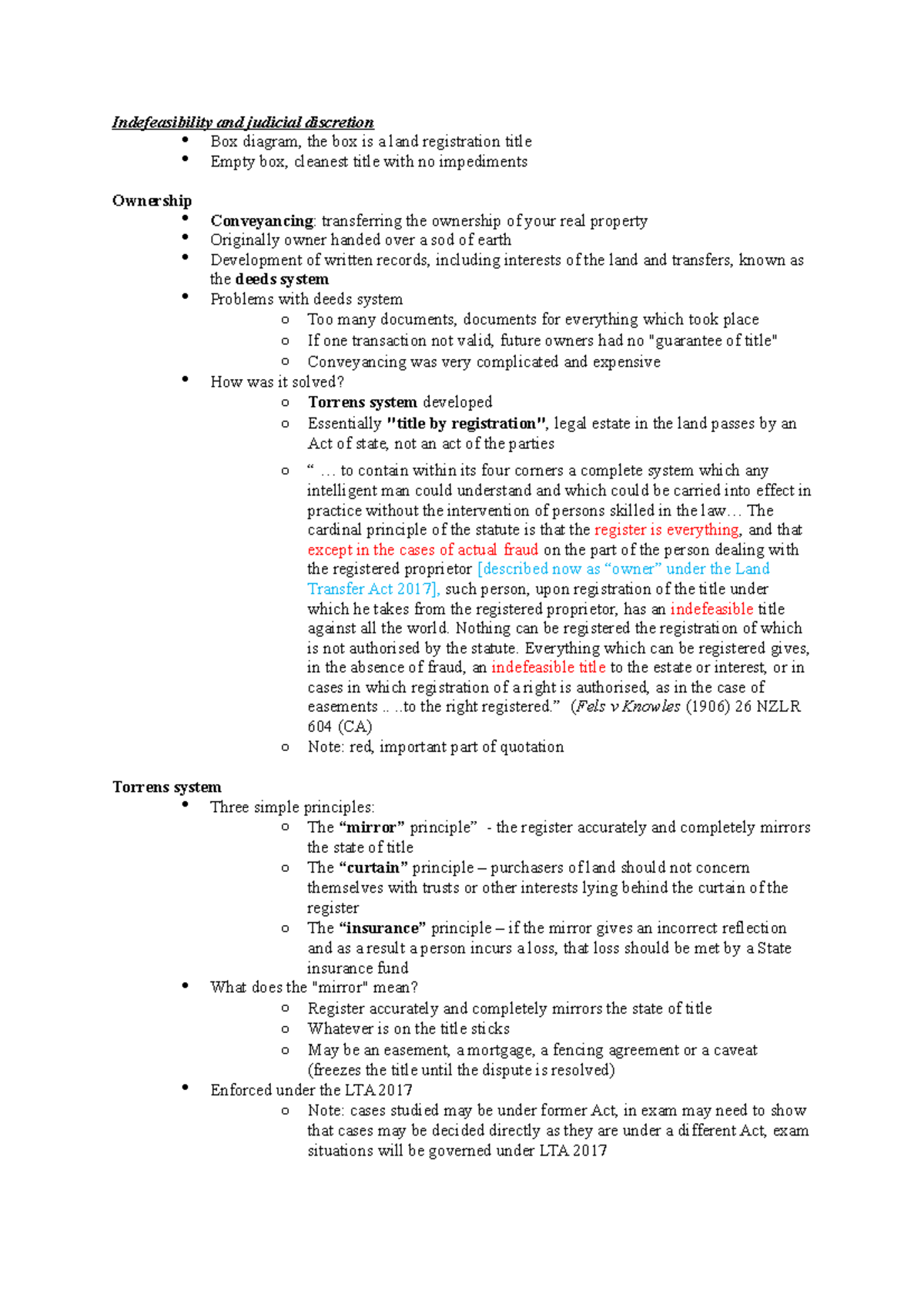 Indefeasbility notes - Indefeasibility and judicial discretion Box ...