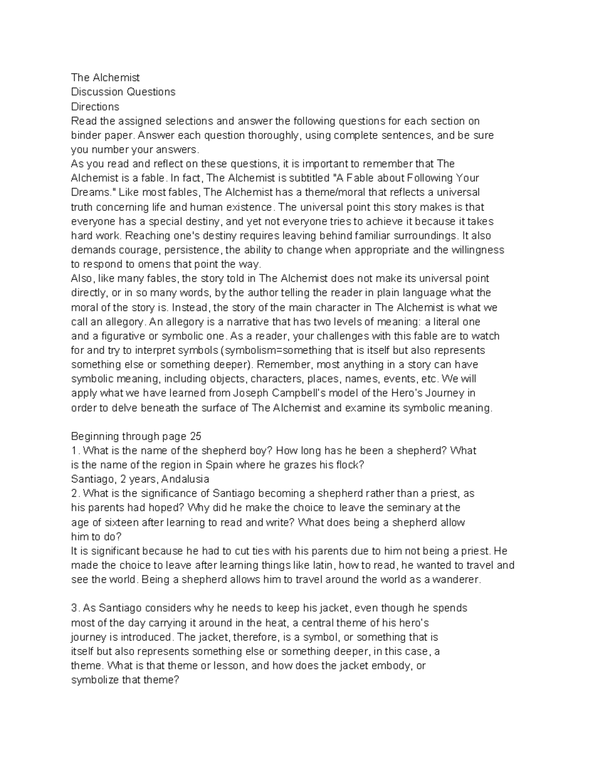 The Alchemist - questions 1-25-5 - The Alchemist Discussion Questions ...