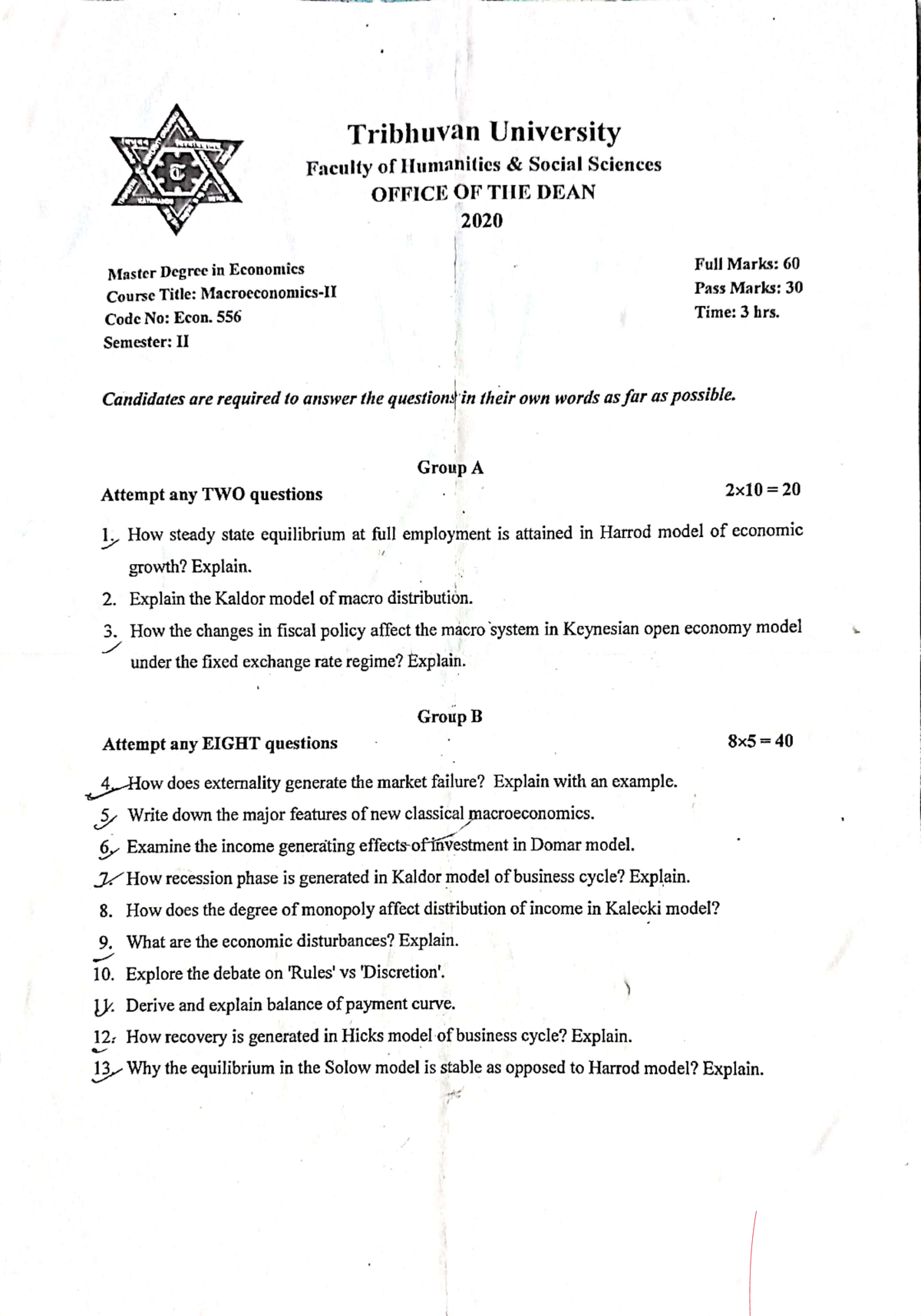 Second semester question - Masters of Arts in Economics - Studocu