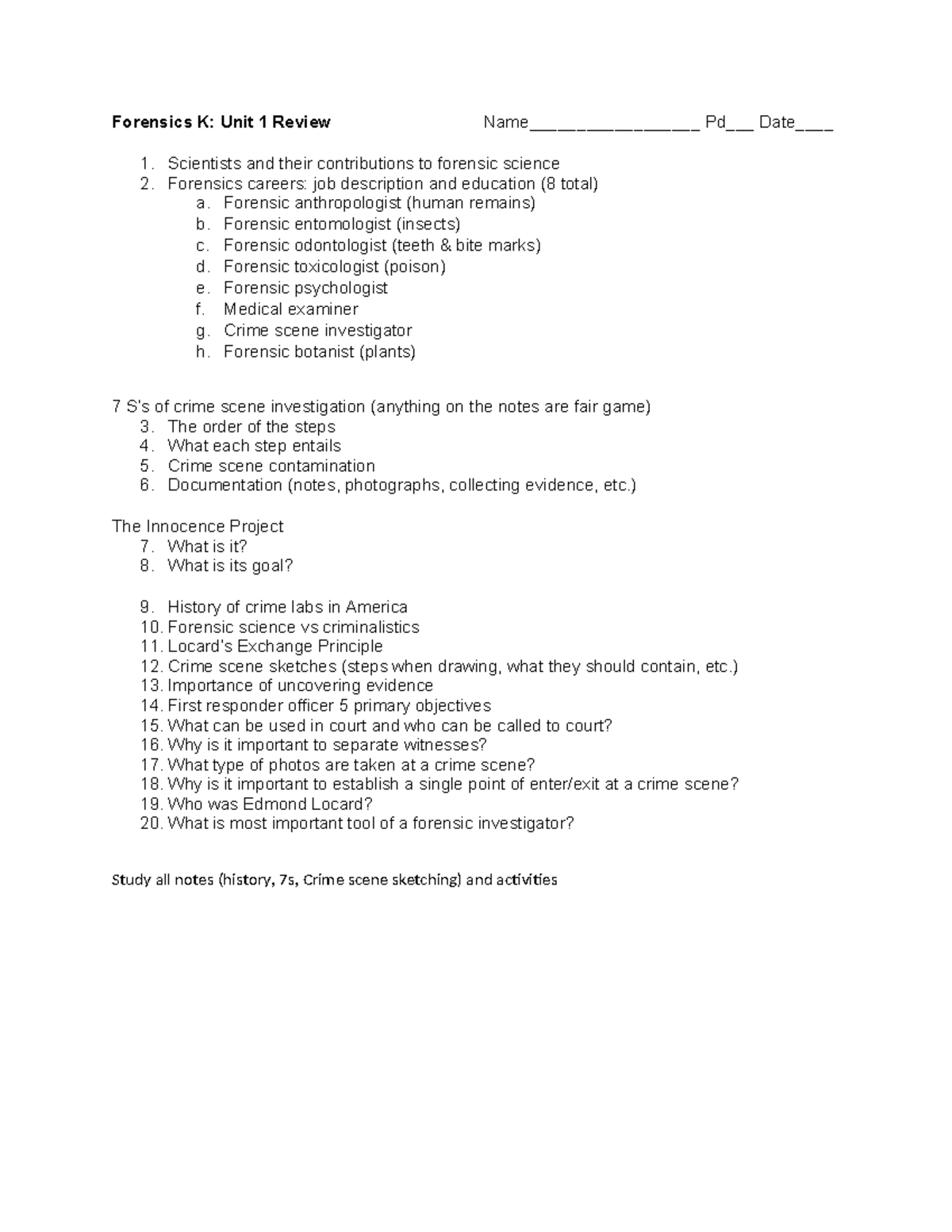 Forensic K Unit 1 Review 22-23 - Forensics K: Unit 1 Review Name ...