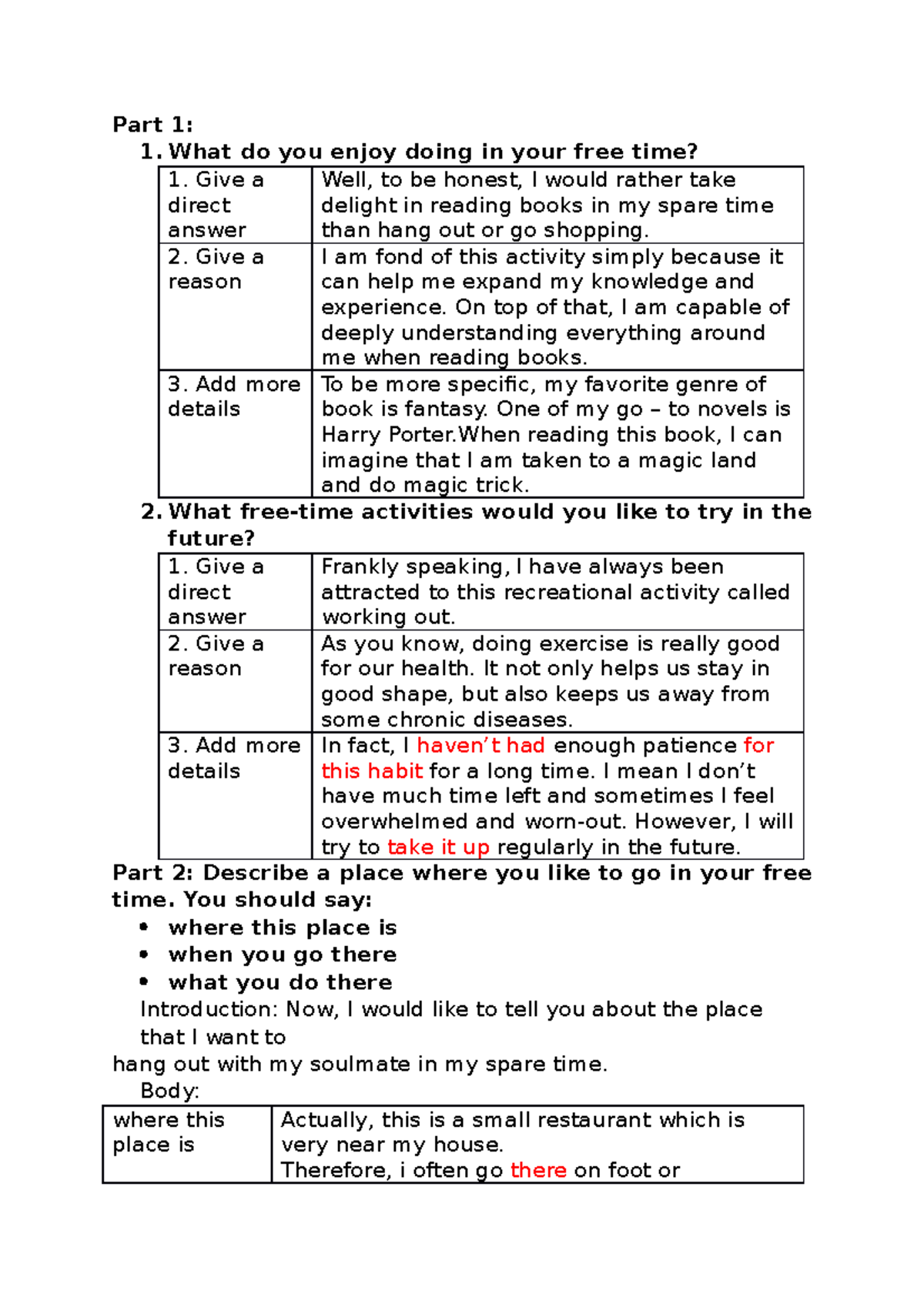 Speaking 2 - jhvb - Part 1: What do you enjoy doing in your free time ...