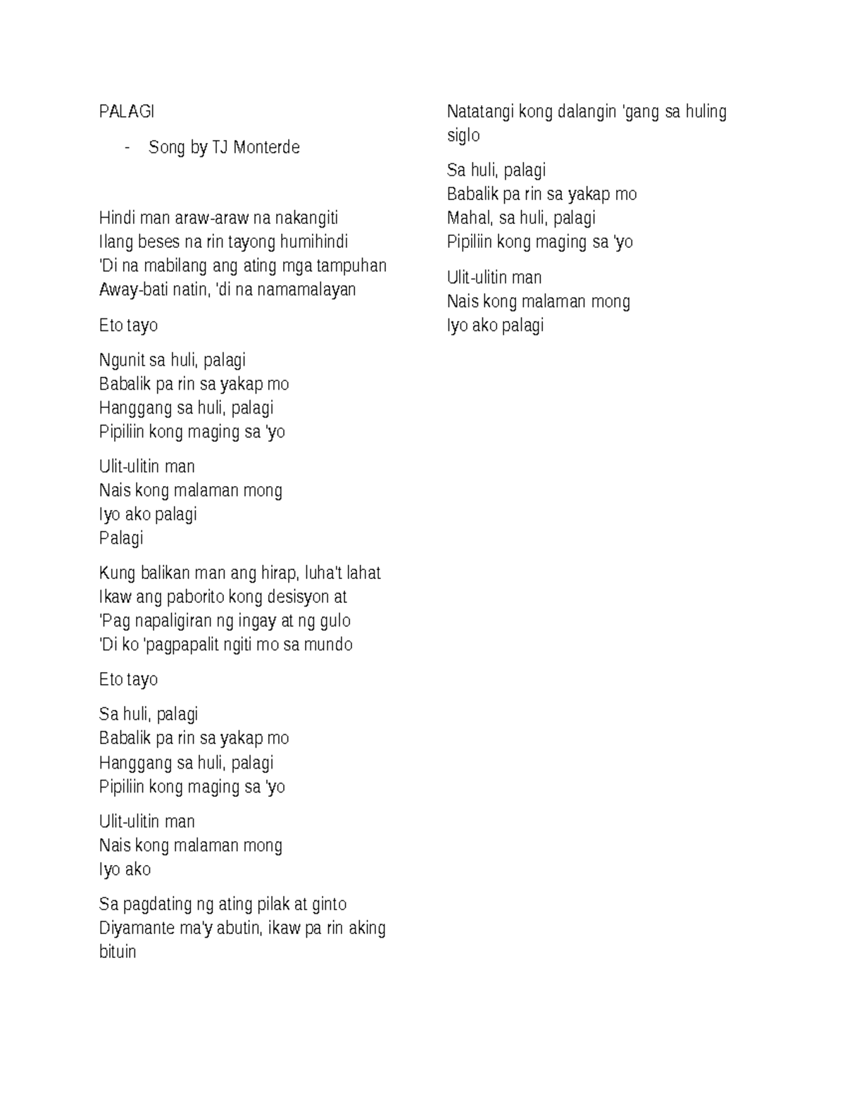 Palagi - PALAGI Song by TJ Monterde Hindi man araw-araw na nakangiti ...