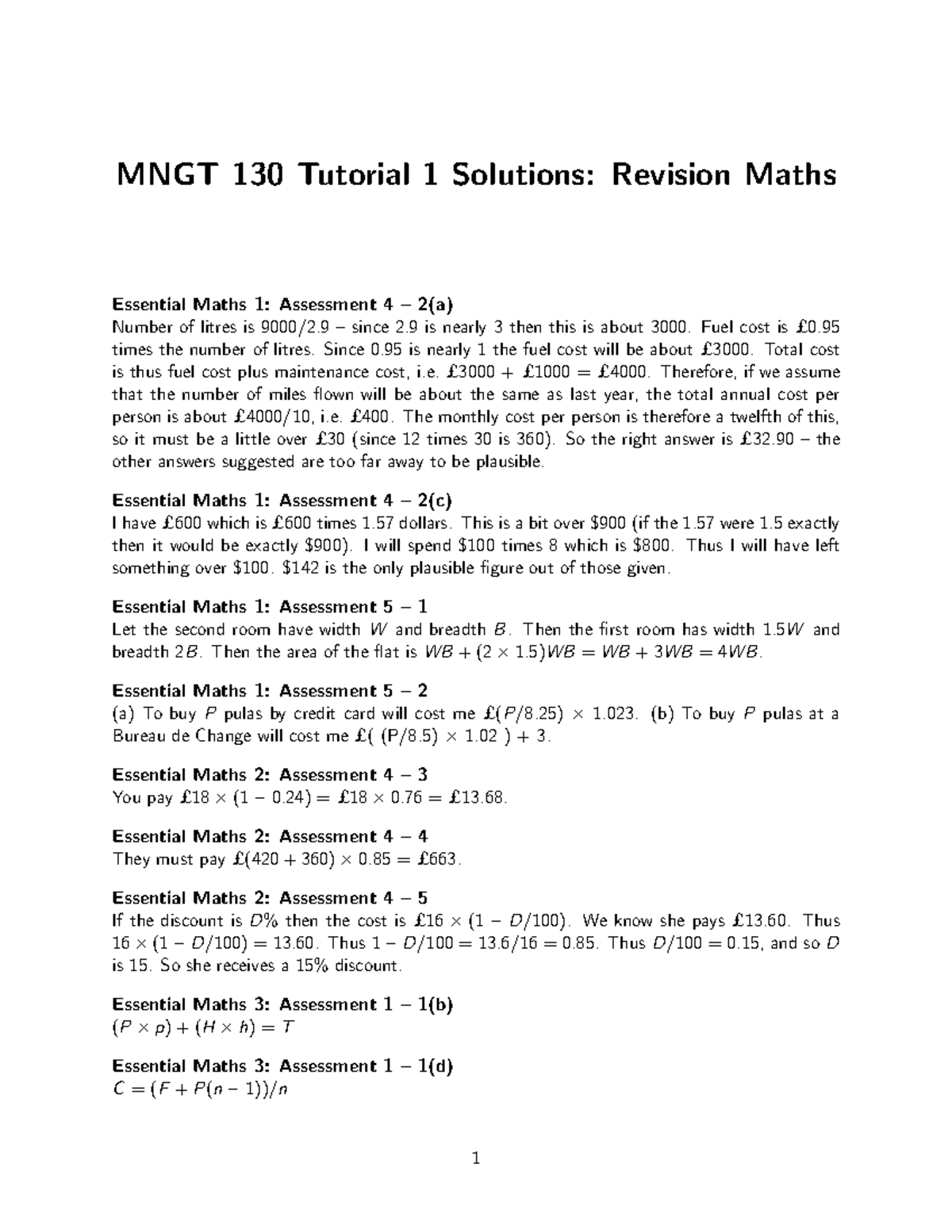 Tutorial 1 Solutions - Lecture notes 1 - MNGT 130 Tutorial 1 Solutions ...