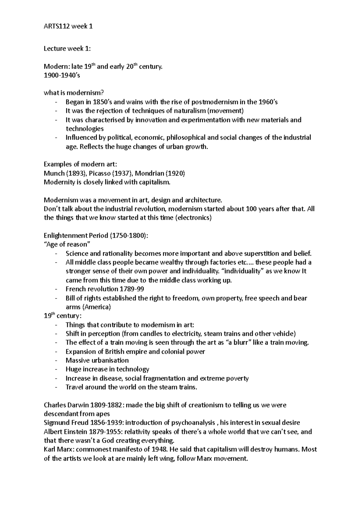 ARTS112 week 1 - Lecture note 1 - Lecture week 1: Modern: late 19th and ...