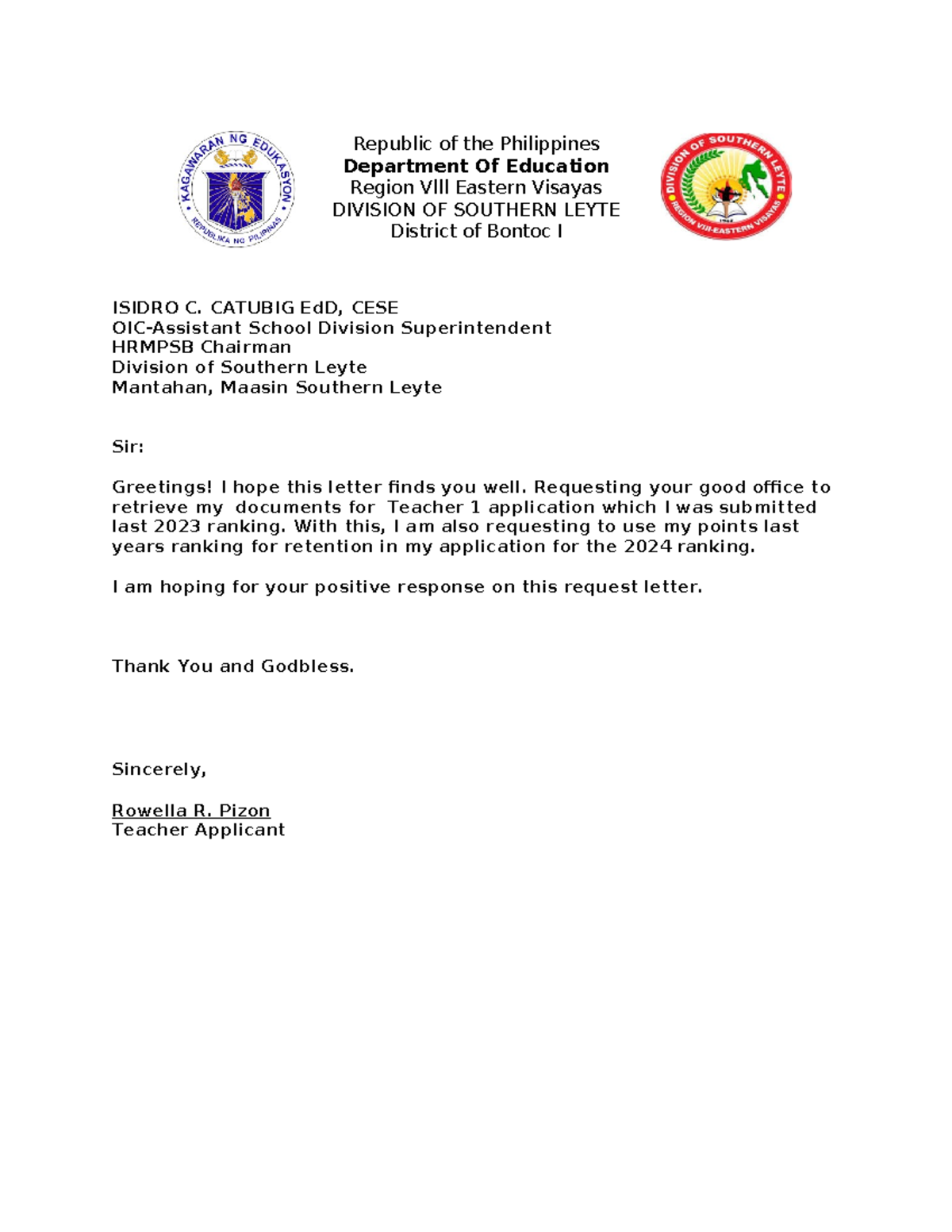 Retention- Letter - Republic of the Philippines Department Of Education ...