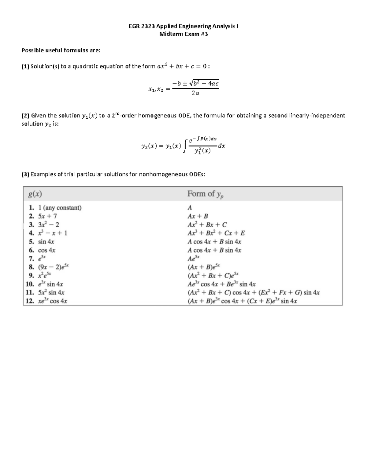 Midterm Exam #3 - Equation Sheet S24 - ENGR 2402 - EGR 2323 Applied Engineering Analysis I ...