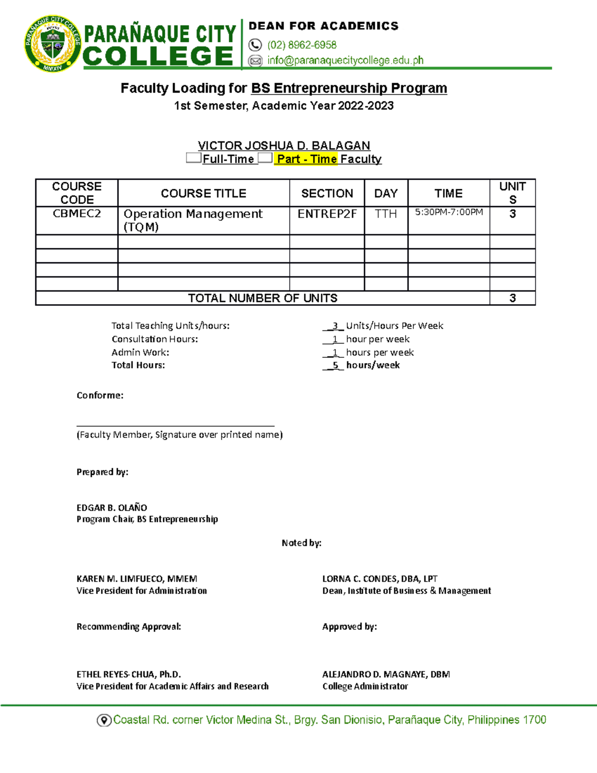 Faculty- Loading - sasadsada - Faculty Loading for BS Entrepreneurship ...