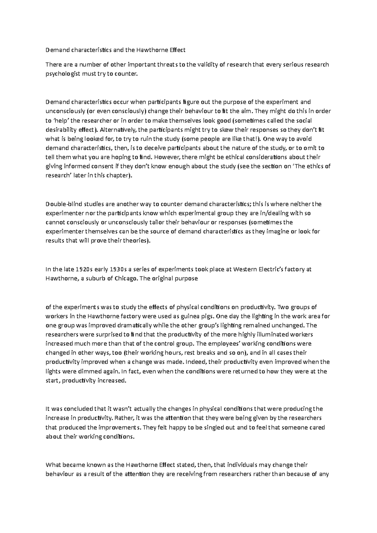 Demand characteristics and the Hawthorne Effect - Demand ...