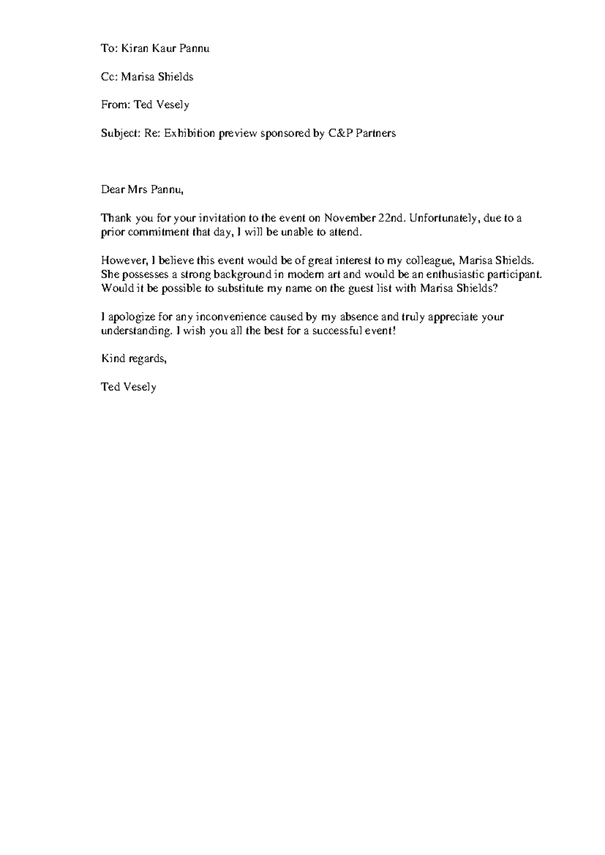 Rewrite formal email - business partner b2 - To: Kiran Kaur Pannu Cc ...