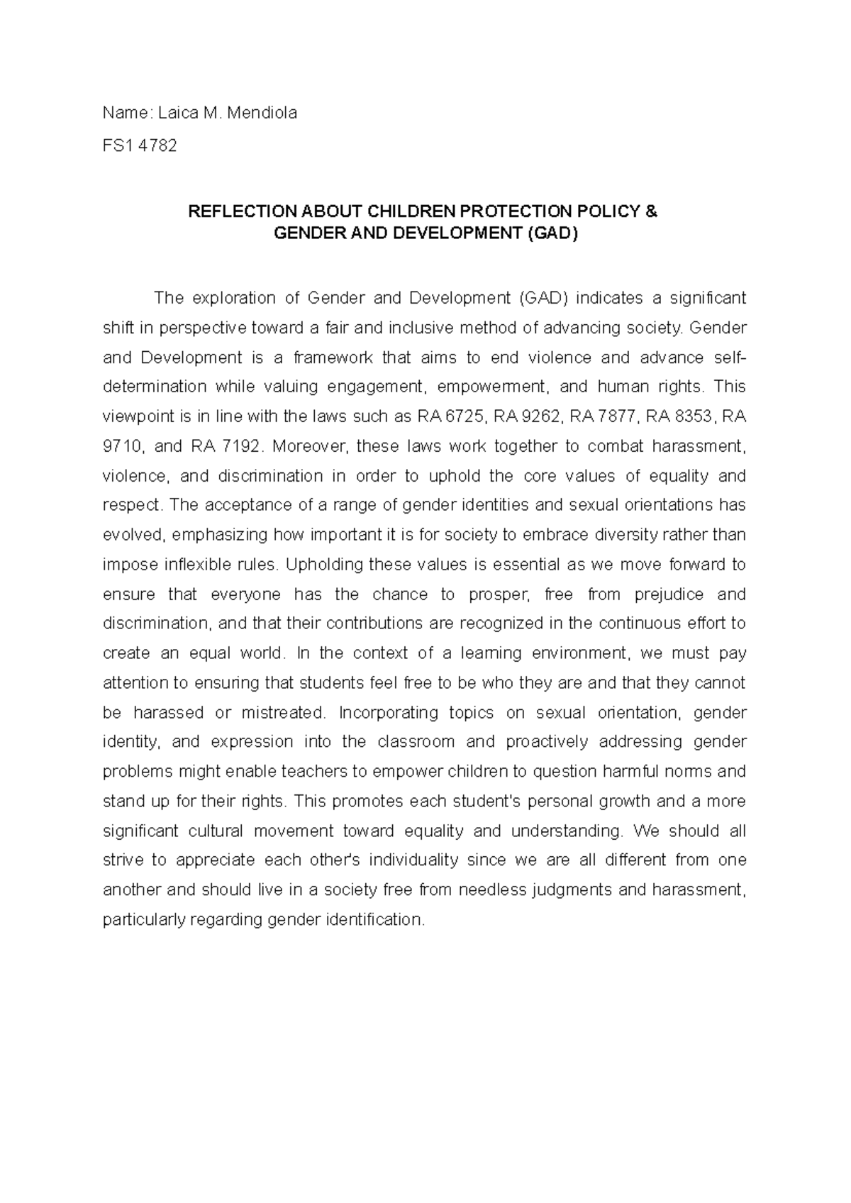 Reflection paper - That's all - Name: Laica M. Mendiola FS1 4782 ...