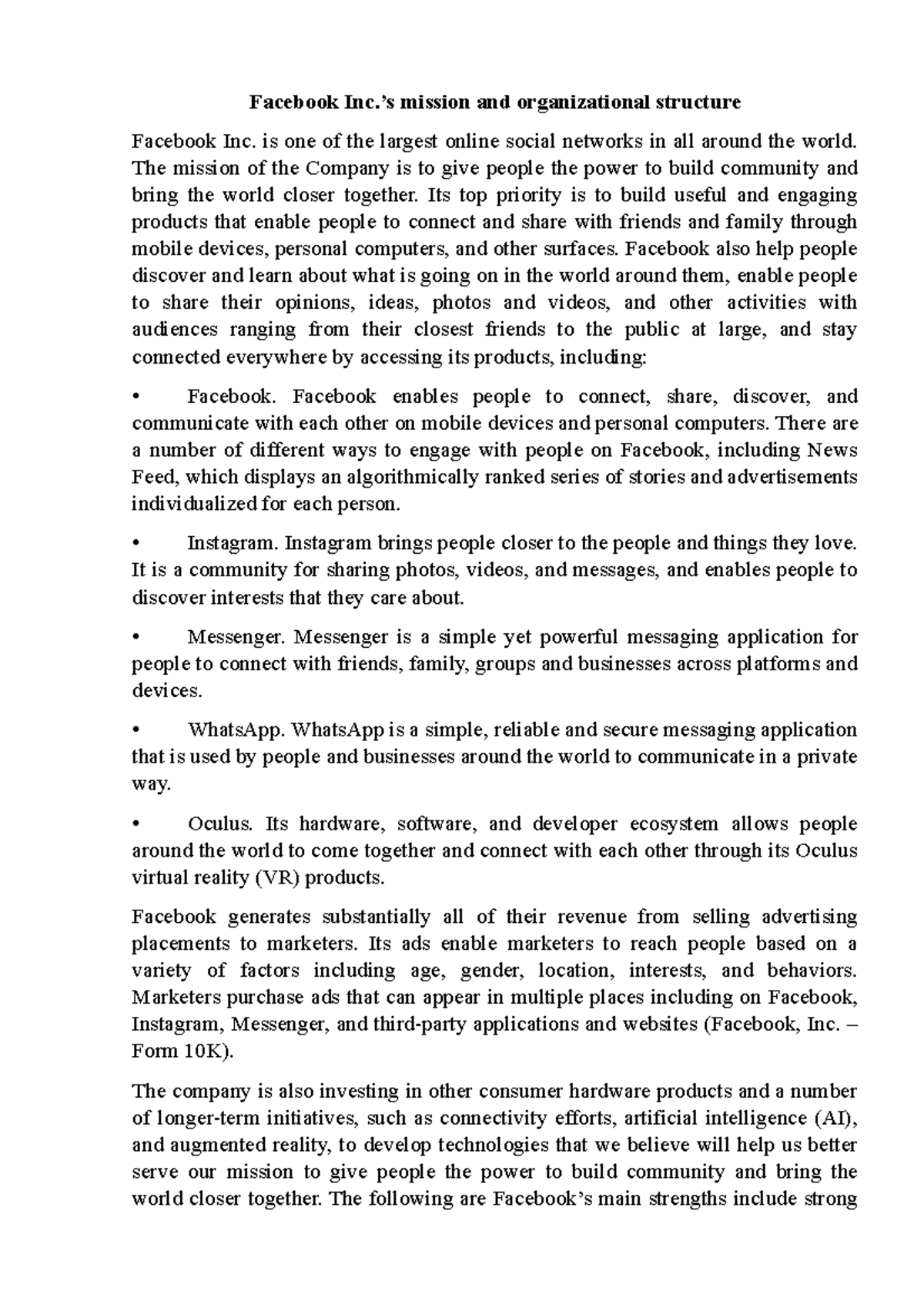 Research Paper on Facebook - Facebook Inc.’s mission and organizational ...