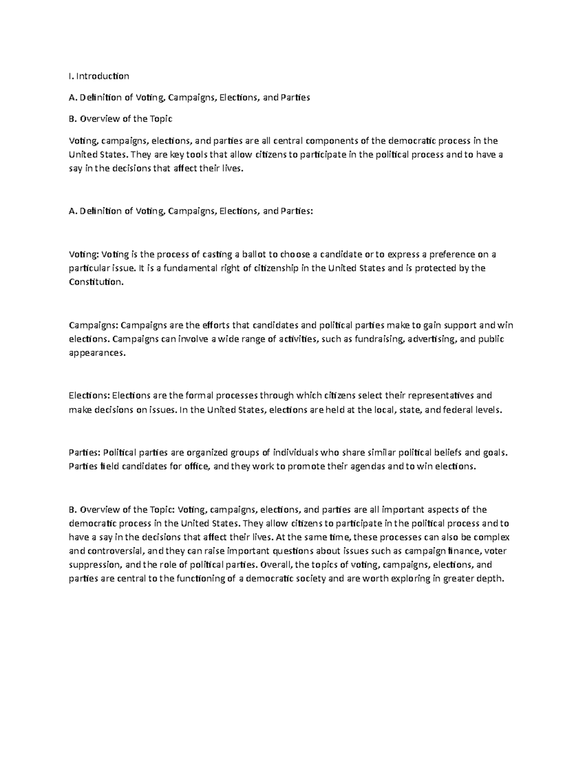 Voting Campaigns Elections and Parties 1 - I. Introduction A ...