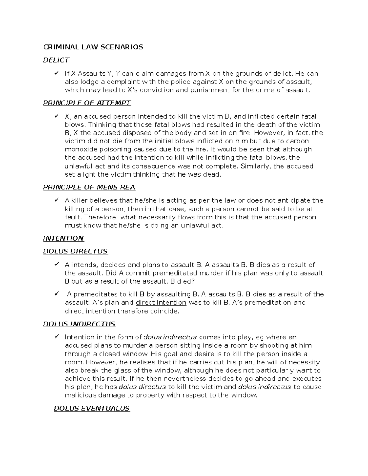 Criminal LAW Scenarios - CRIMINAL LAW SCENARIOS DELICT If X Assaults Y ...