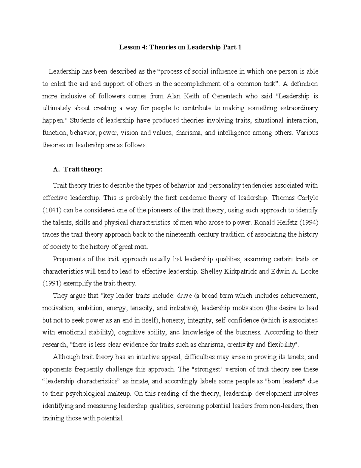 Lesson-4 - Notes - Lesson 4: Theories on Leadership Part 1 Leadership ...