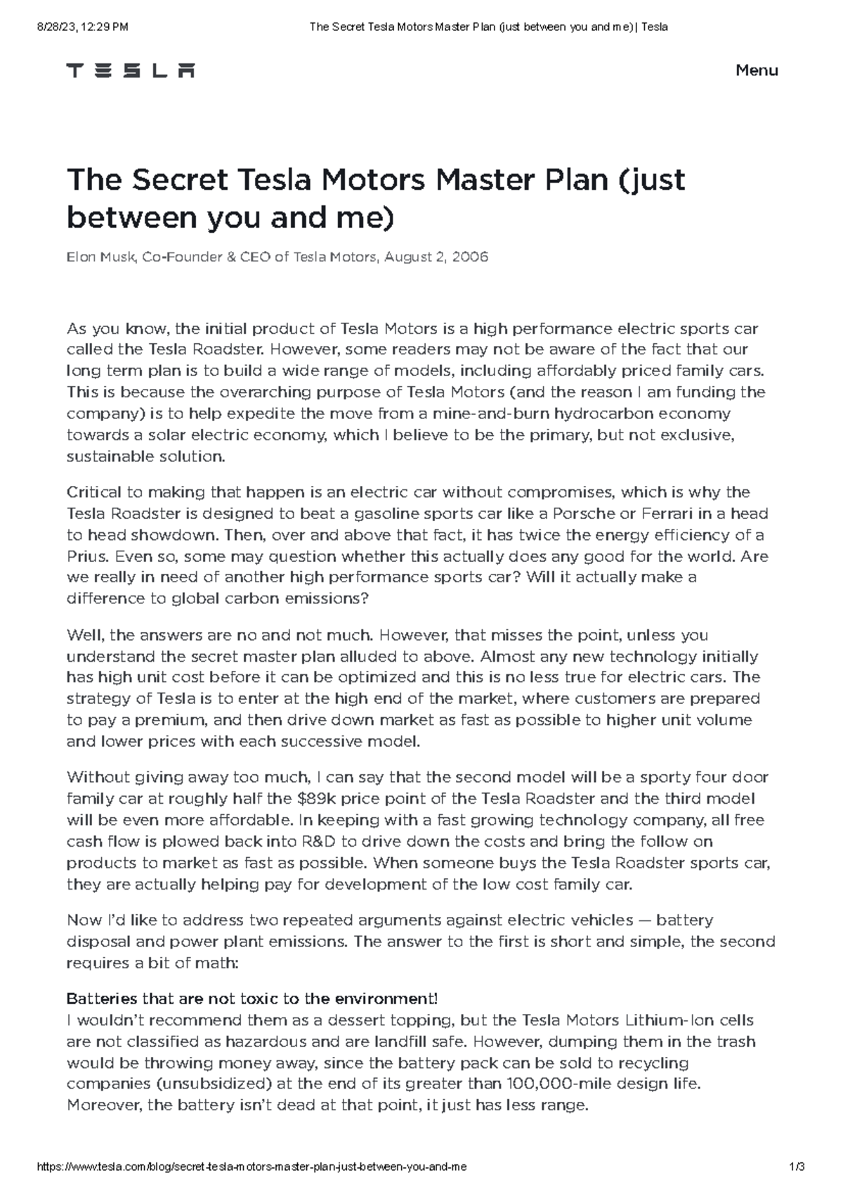 The Secret Tesla Motors Master Plan (just between you and me) Tesla ...