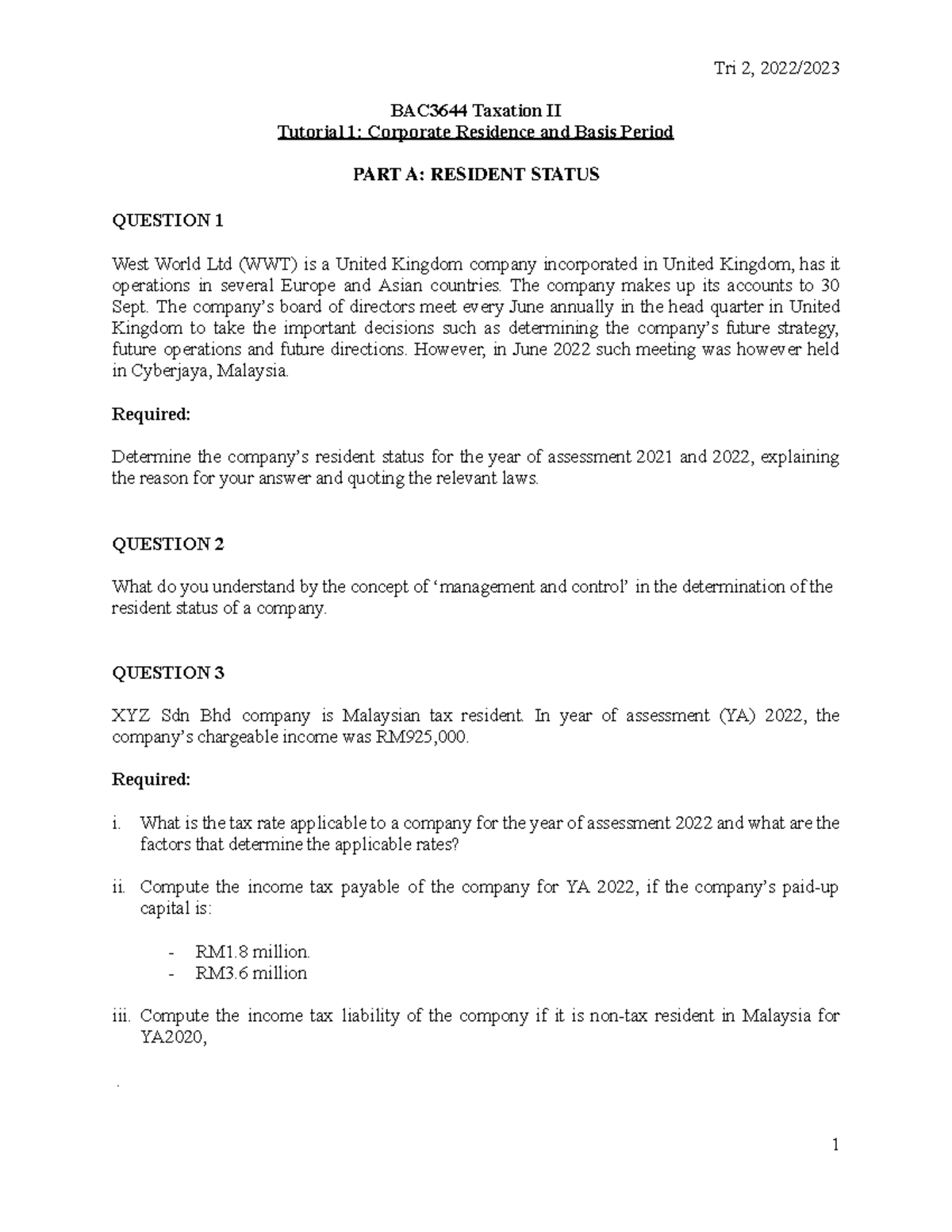 Tutorial 1 Corp resident status basis period Student - Tri 2, 2022 ...