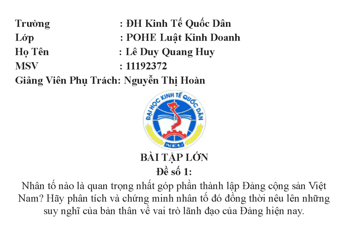 Trường - dsadsadsa - Trường : ĐH Kinh Tế Quốc Dân Lớp : POHE Luật Kinh ...