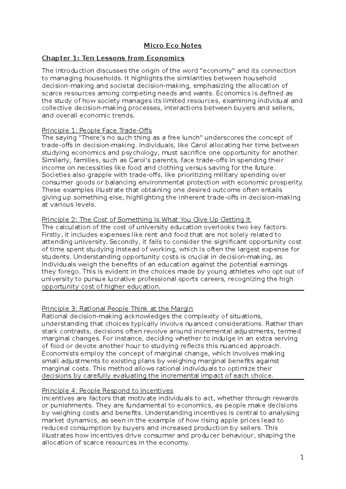 Micro Eco Long Notes - Micro Eco Notes Chapter 1: Ten Lessons from ...