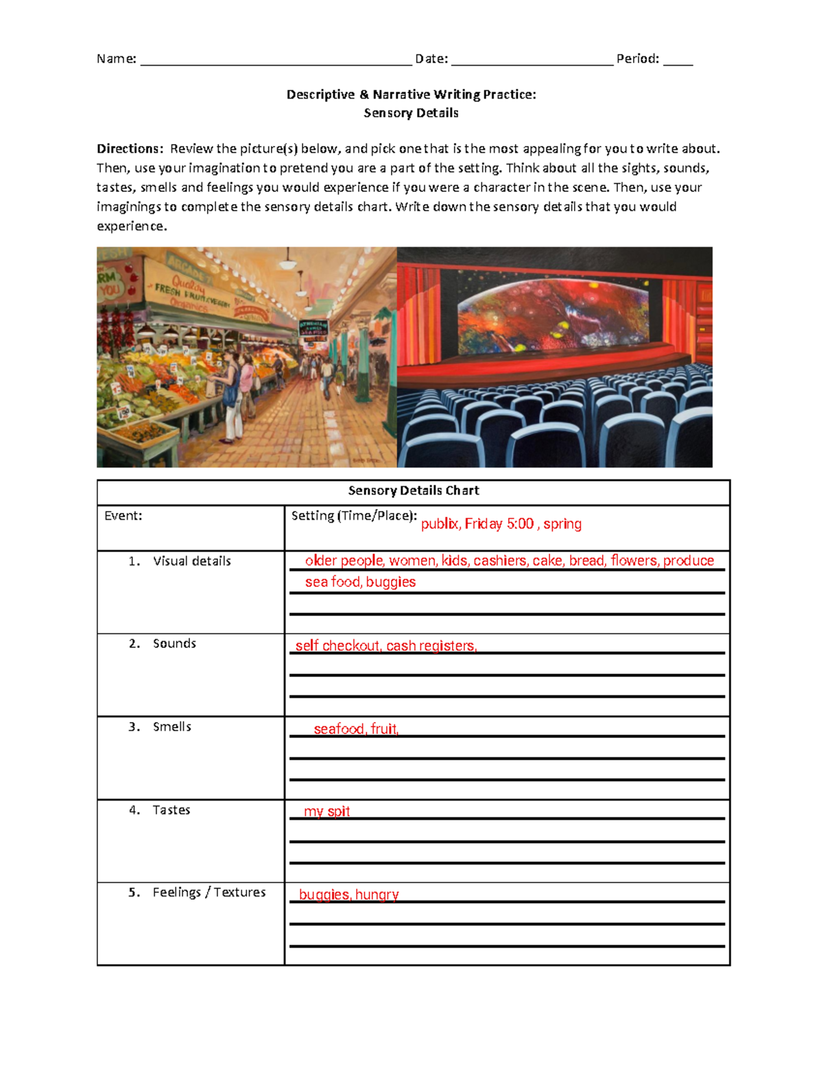 Sensory Details & Narrative Writing Activity answer key - Name: - Studocu