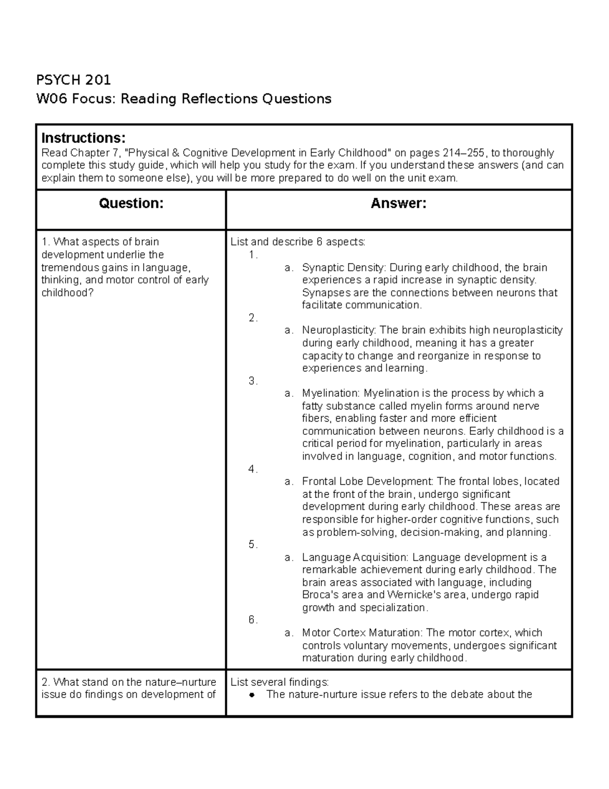Psy201W06Read Reflect Stud Guide - PSYCH 201 W06 Focus: Reading ...