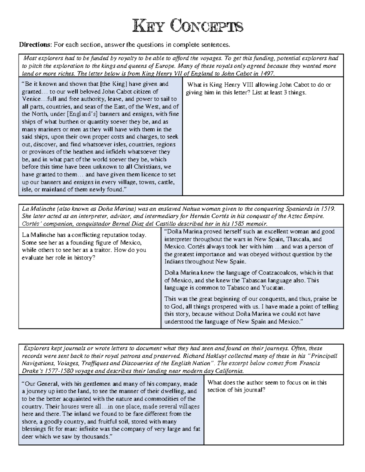 Explorers - primary resources w fields - Key Concepts Directions: For ...