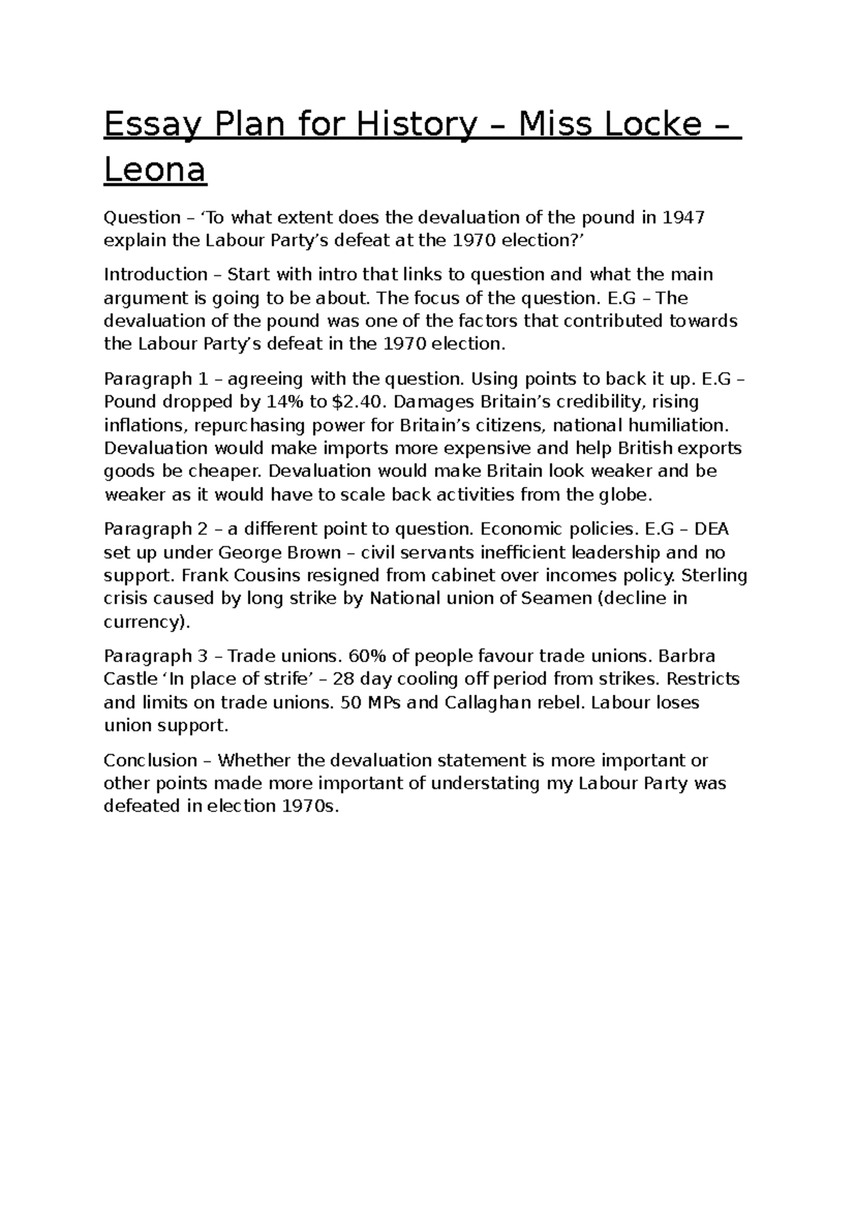 Essay Plan for History - The focus of the question. E – The devaluation ...