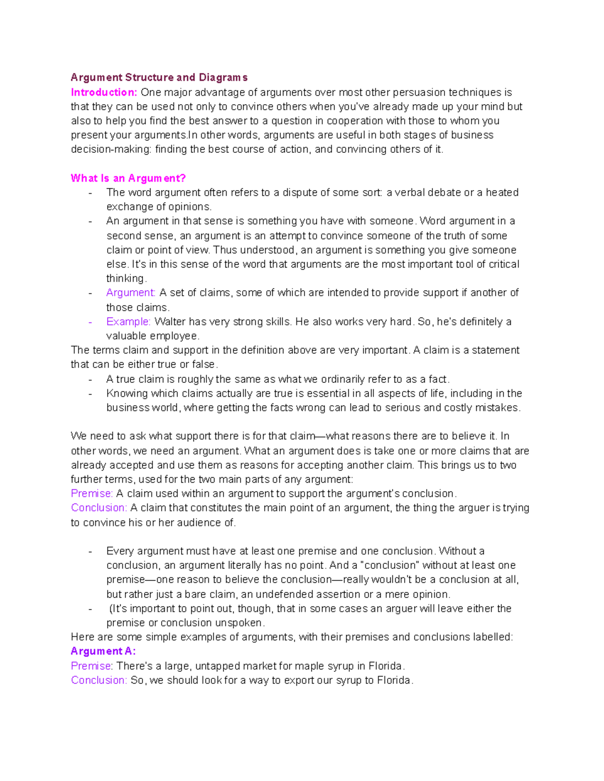 Argument Structure and Diagrams BUS221 NOTES - Argument Structure and ...