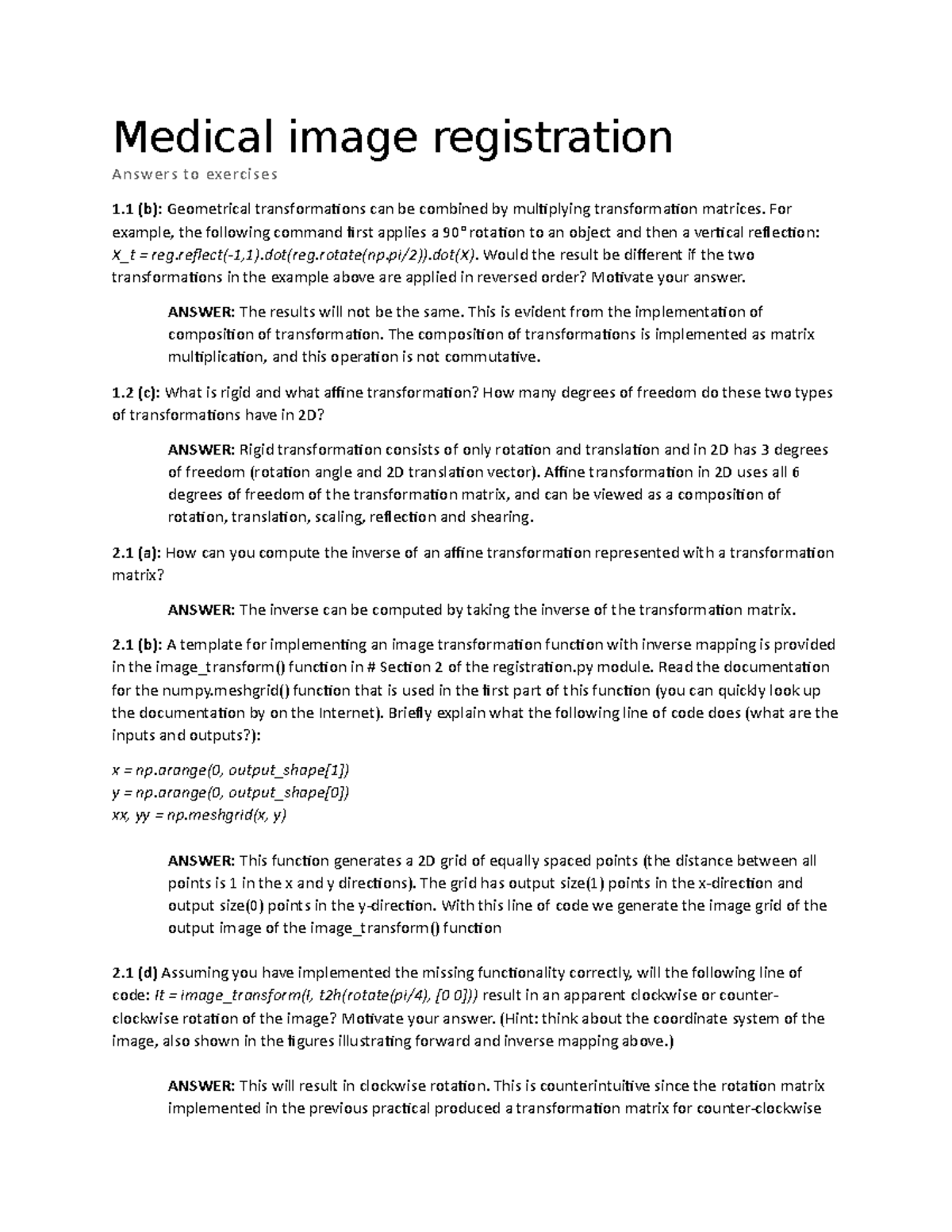 Medical image registration exercise answers - Medical image ...