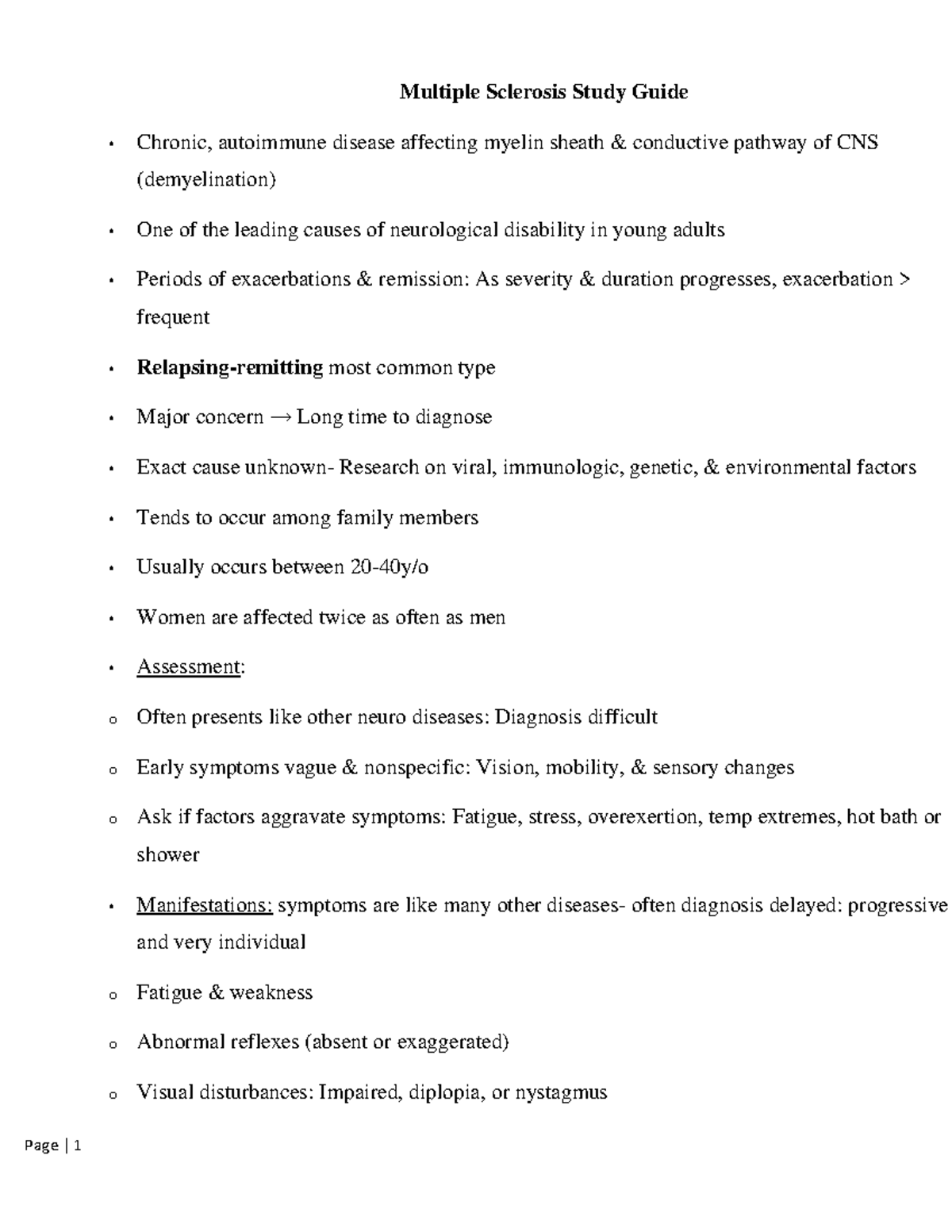 Multiple Sclerosis Study Guide - Studocu