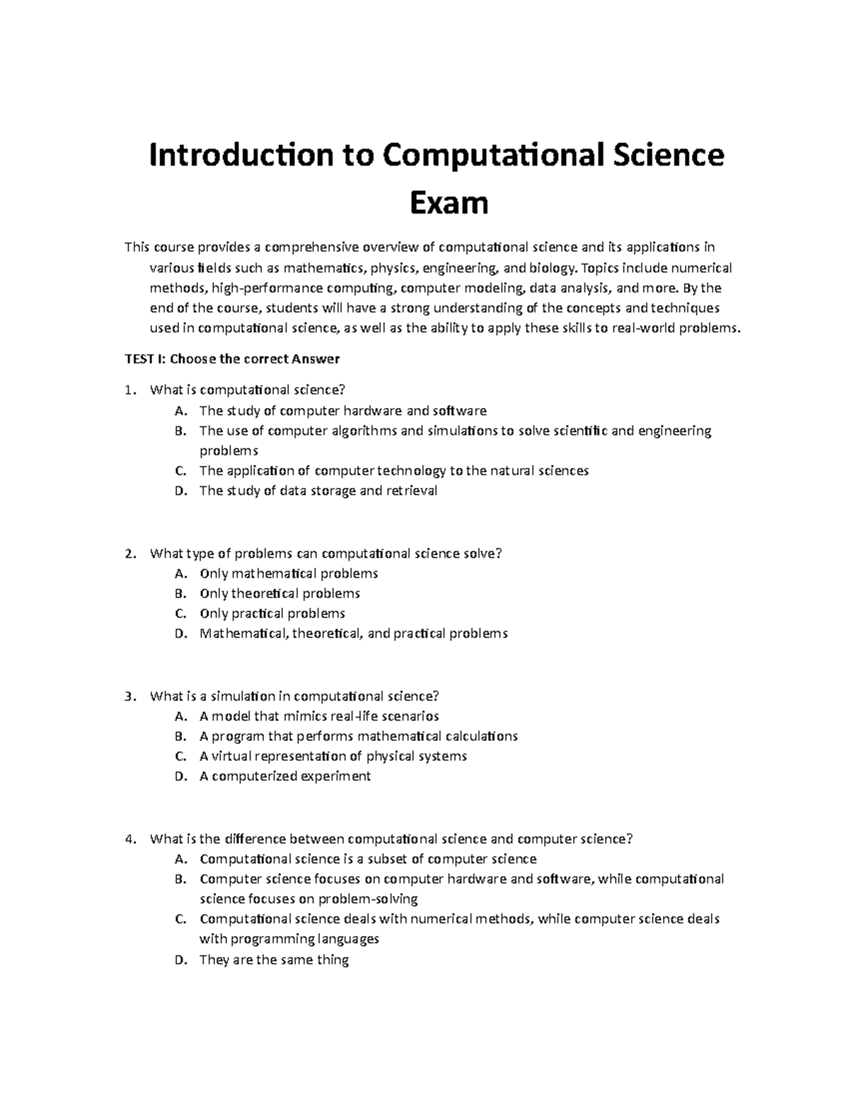 Introduction to Computational Science Exam - Introduction to ...