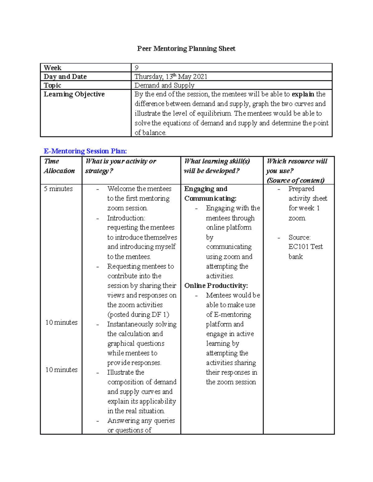 Sample zoom session planning sheet - Peer Mentoring Planning Sheet Week ...