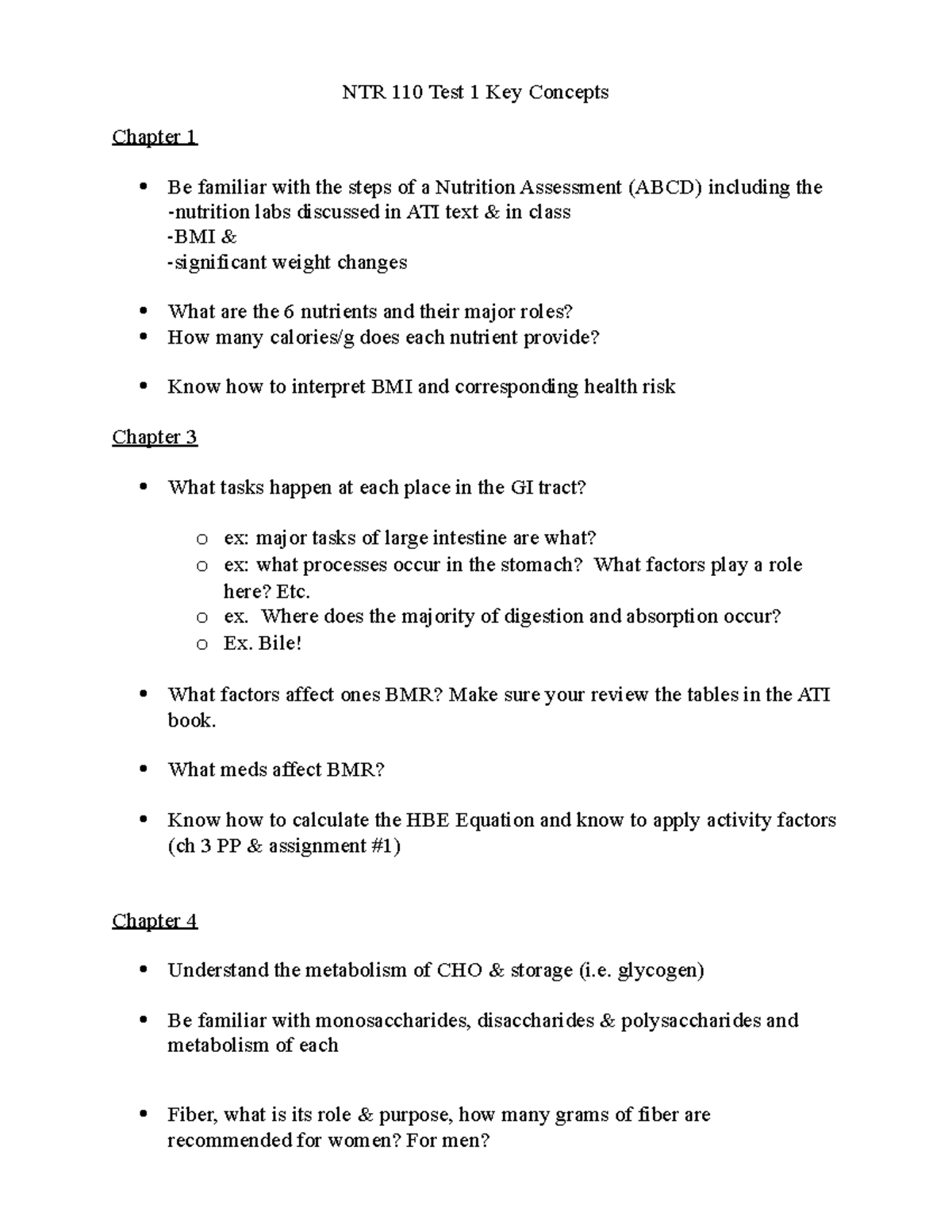 NTR 110 Test 1 Key Concepts-3 - NTR 110 Test 1 Key Concepts Chapter 1 ...