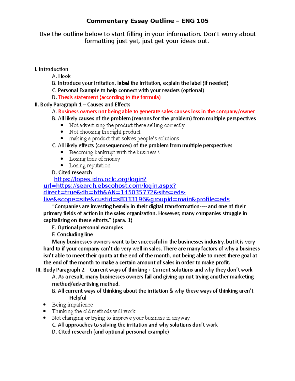 Commentary Essay Outline - Don’t worry about formatting just yet, just ...