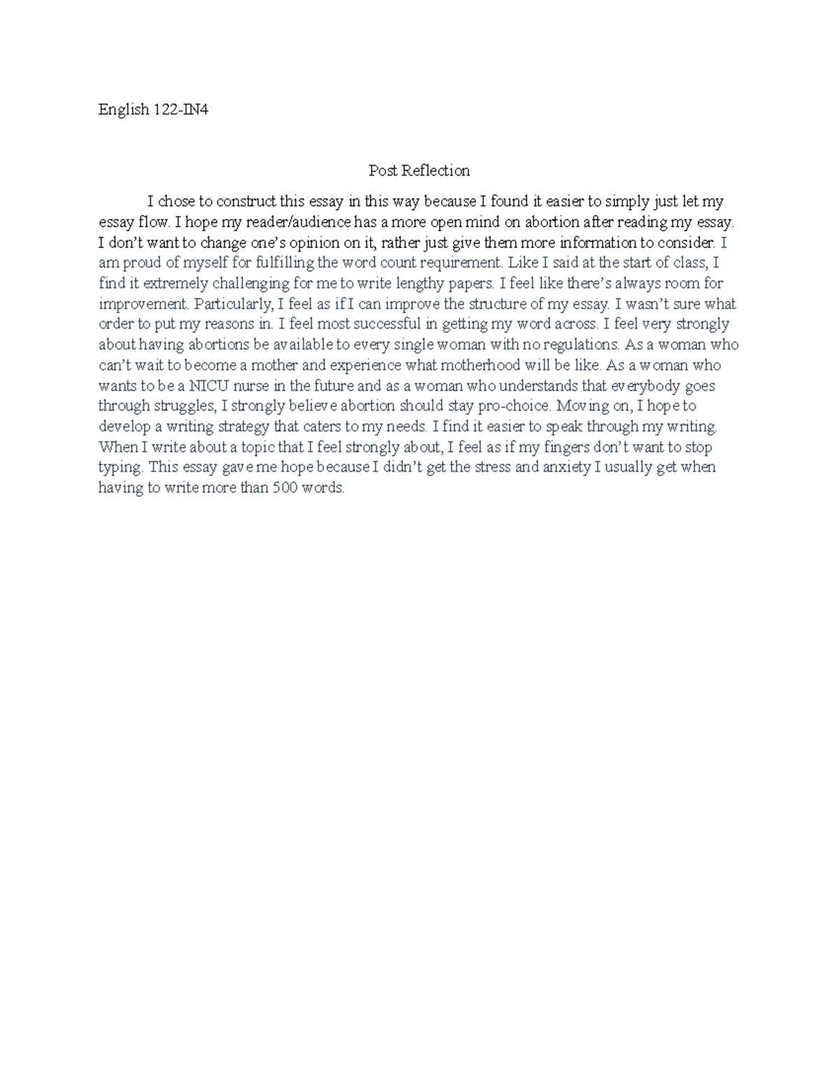 Essay 1 assignment #7 - post reflection - English 122-IN Post ...