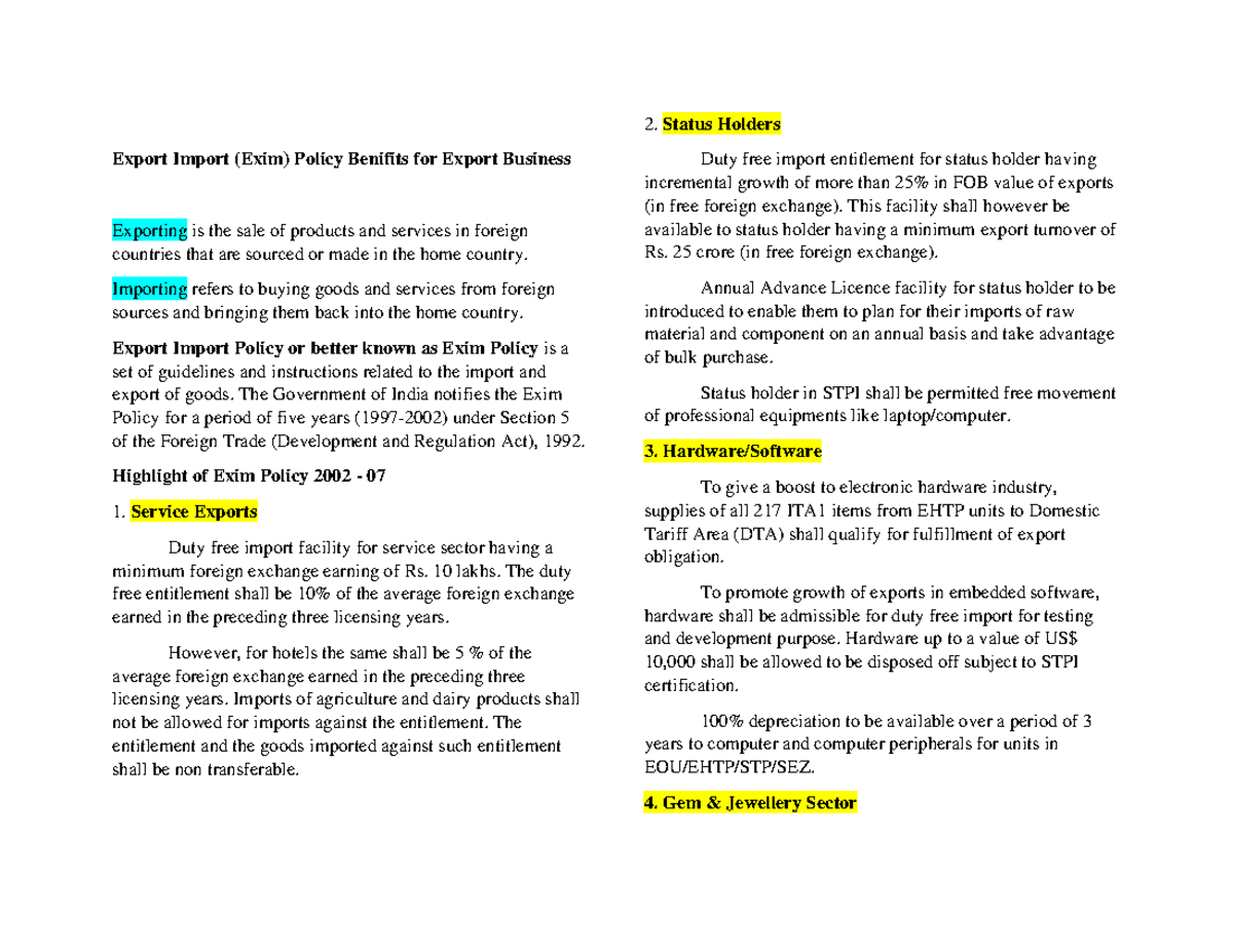 IBT 2 - must read - Export Import (Exim) Policy Benifits for Export ...