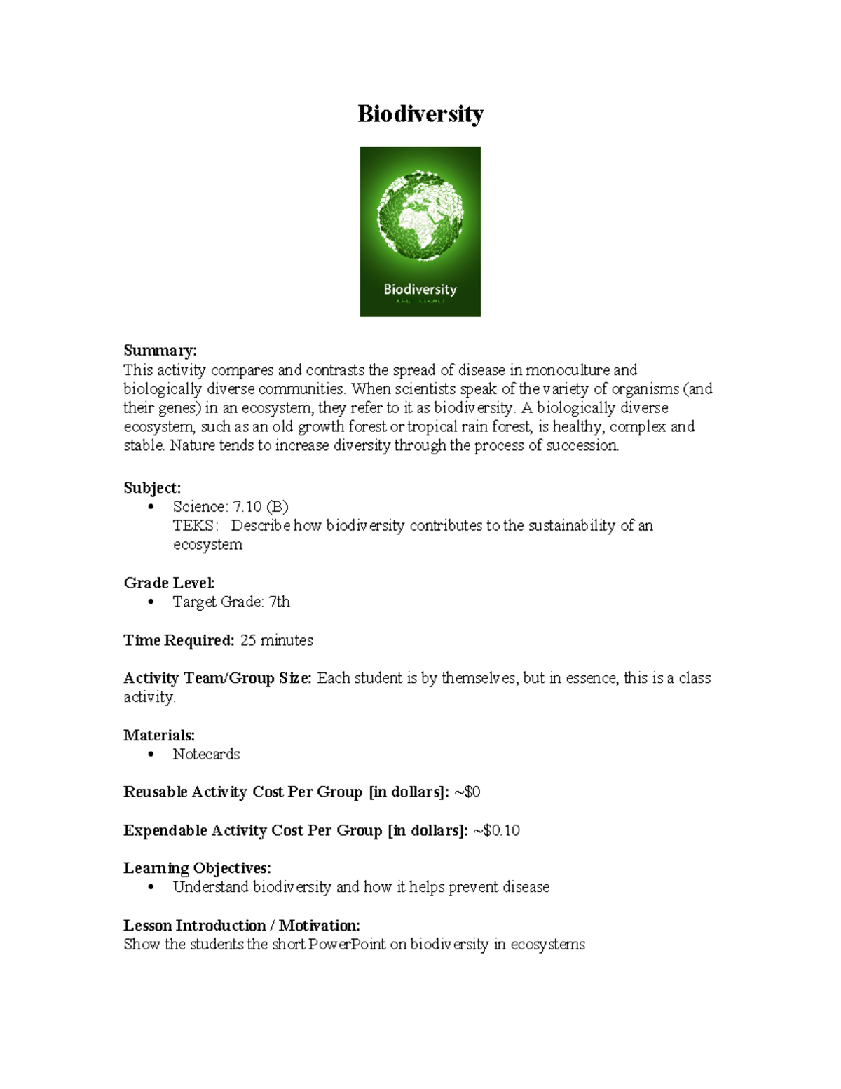 Biodiversity-lesson-plan - Biodiversity Summary: This activity compares ...