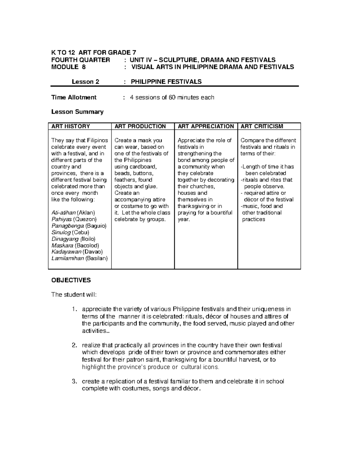 15 Grade 7 ART TG QTR 4 module 8 les 2 festivals - K TO 12 ART FOR ...
