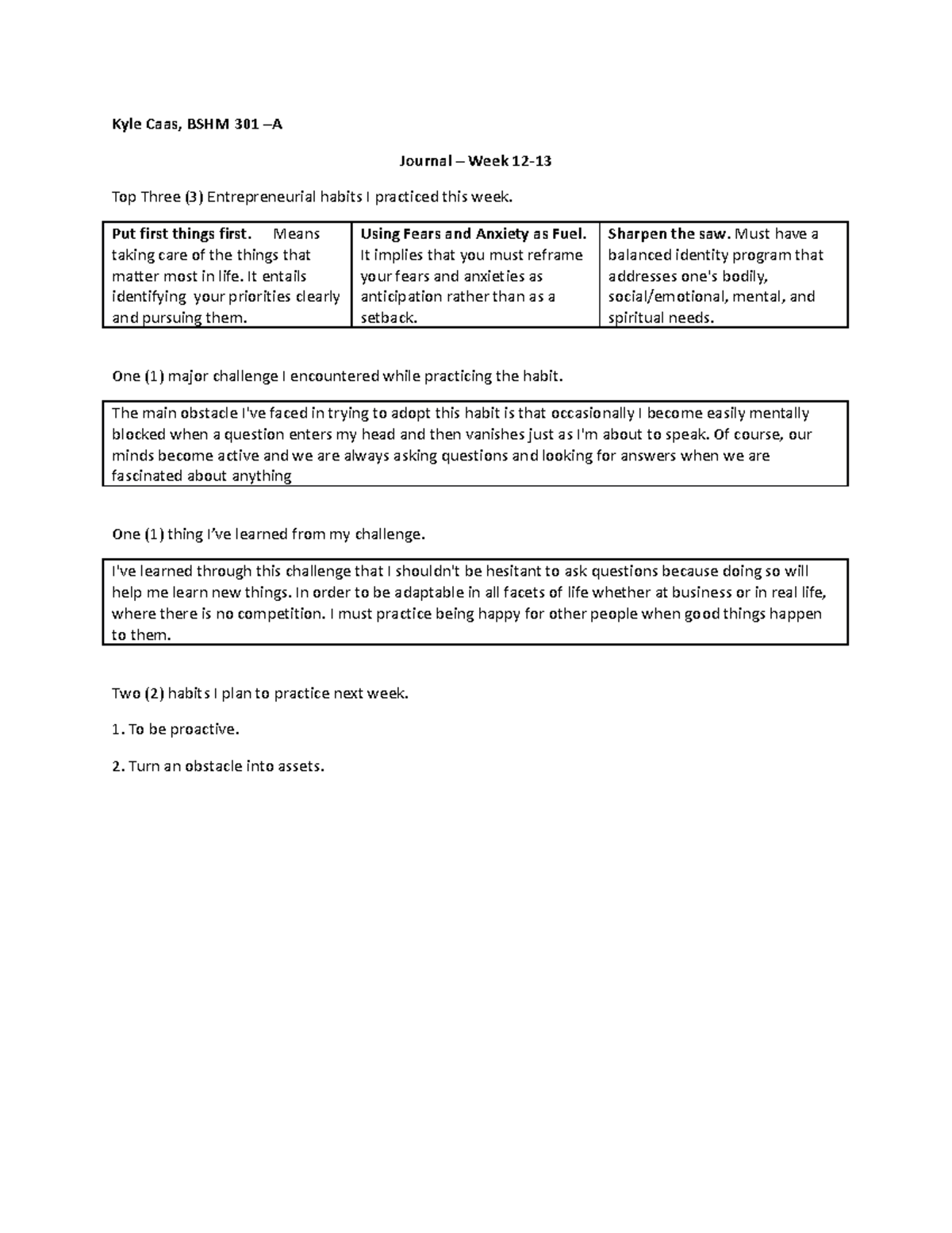 Week 12-13 - entrep - Kyle Caas, BSHM 301 –A Journal – Week 12- Top ...