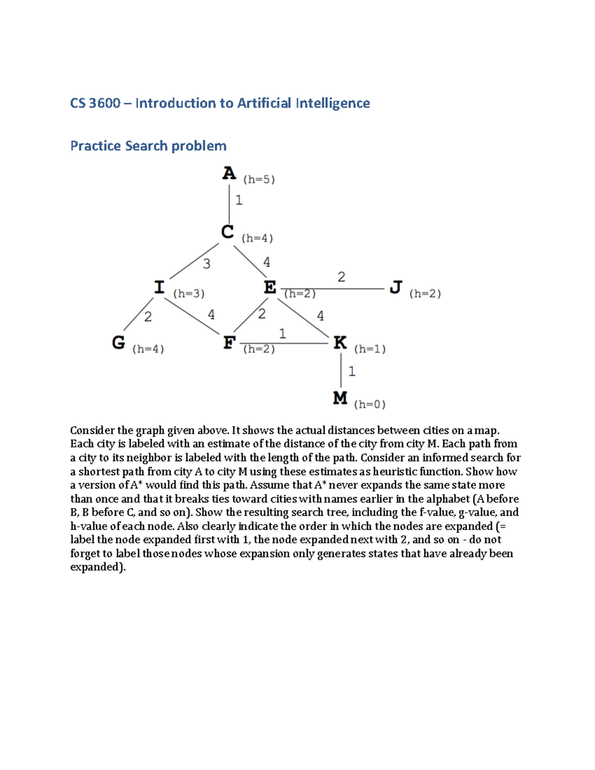 Search - Exam Practice Problems - CS 3600 – Introduction to Artificial Intelligence Practice ...